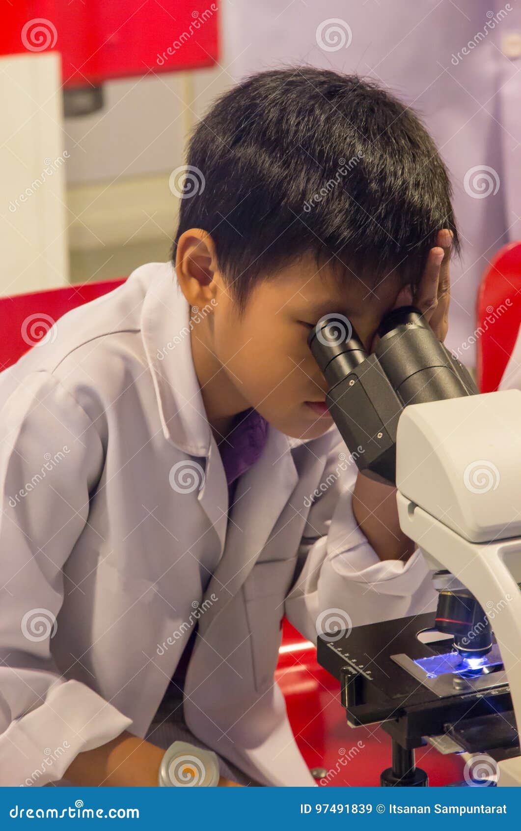 Asian Boy Looking through Microscope Stock Image - Image of look ...