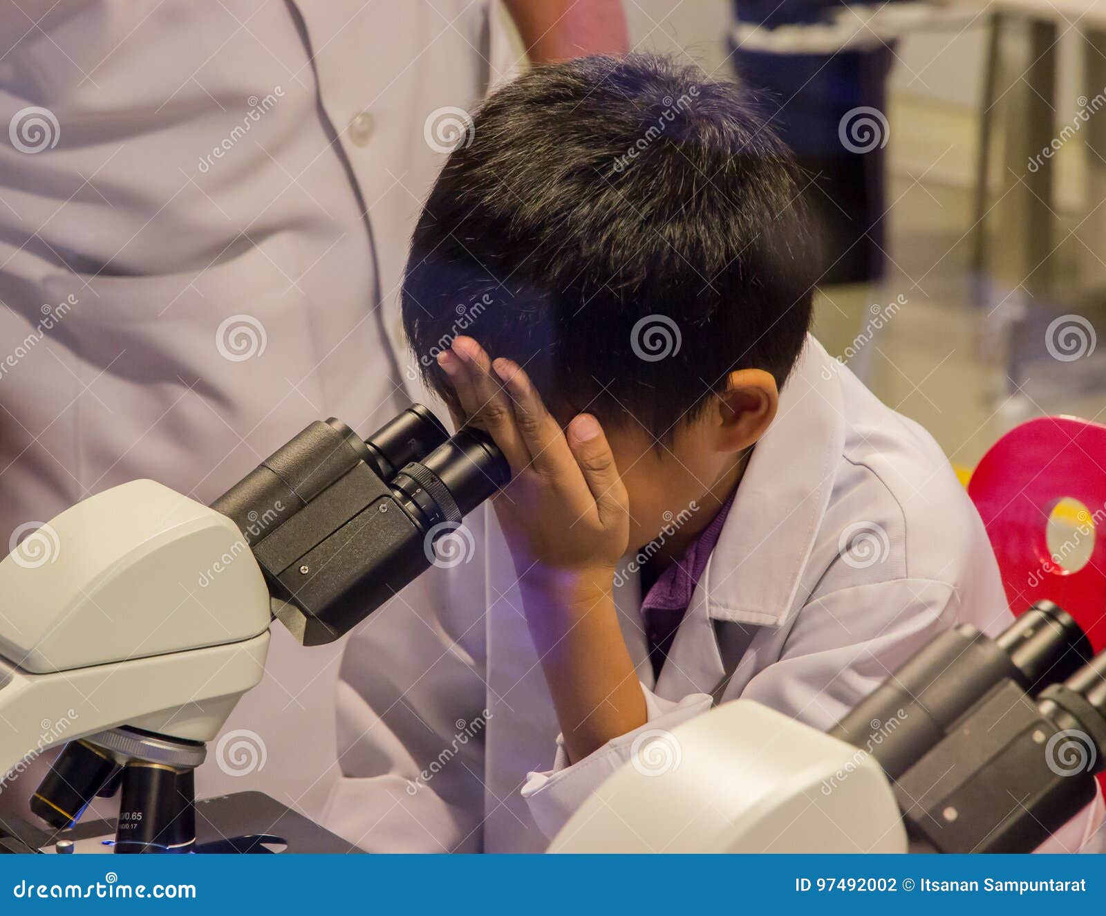 Asian Boy Looking through Microscope Stock Photo - Image of future ...