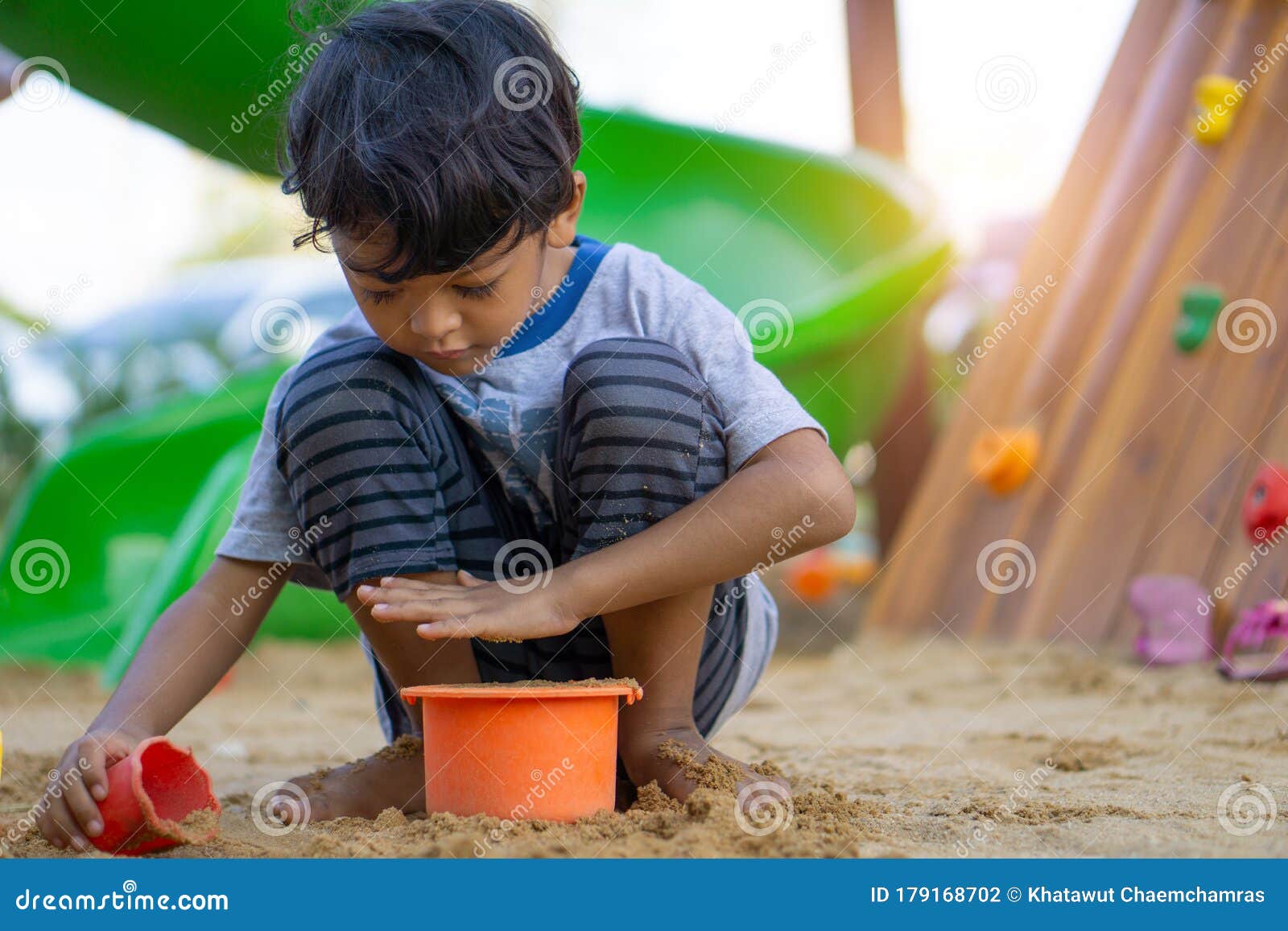 Asian Boy is Playing, Digging Sand in the Playground Stock Photo ...