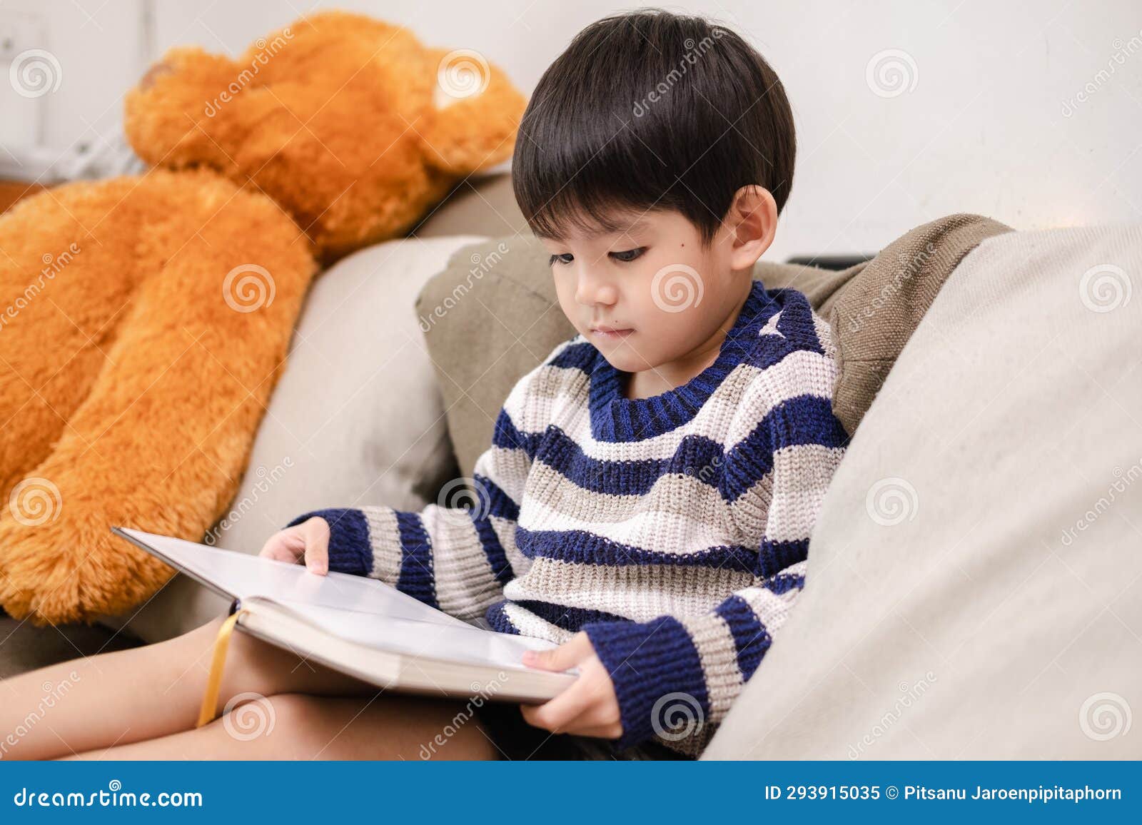 Asian Boy Reading a Book on the Sofa Learning Outside the Classroom ...