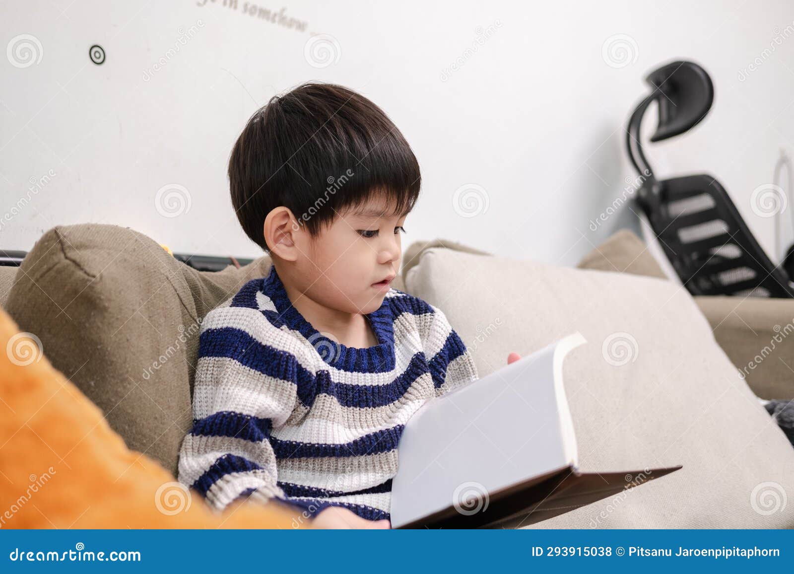 Asian Boy Reading a Book on the Sofa Learning Outside the Classroom ...
