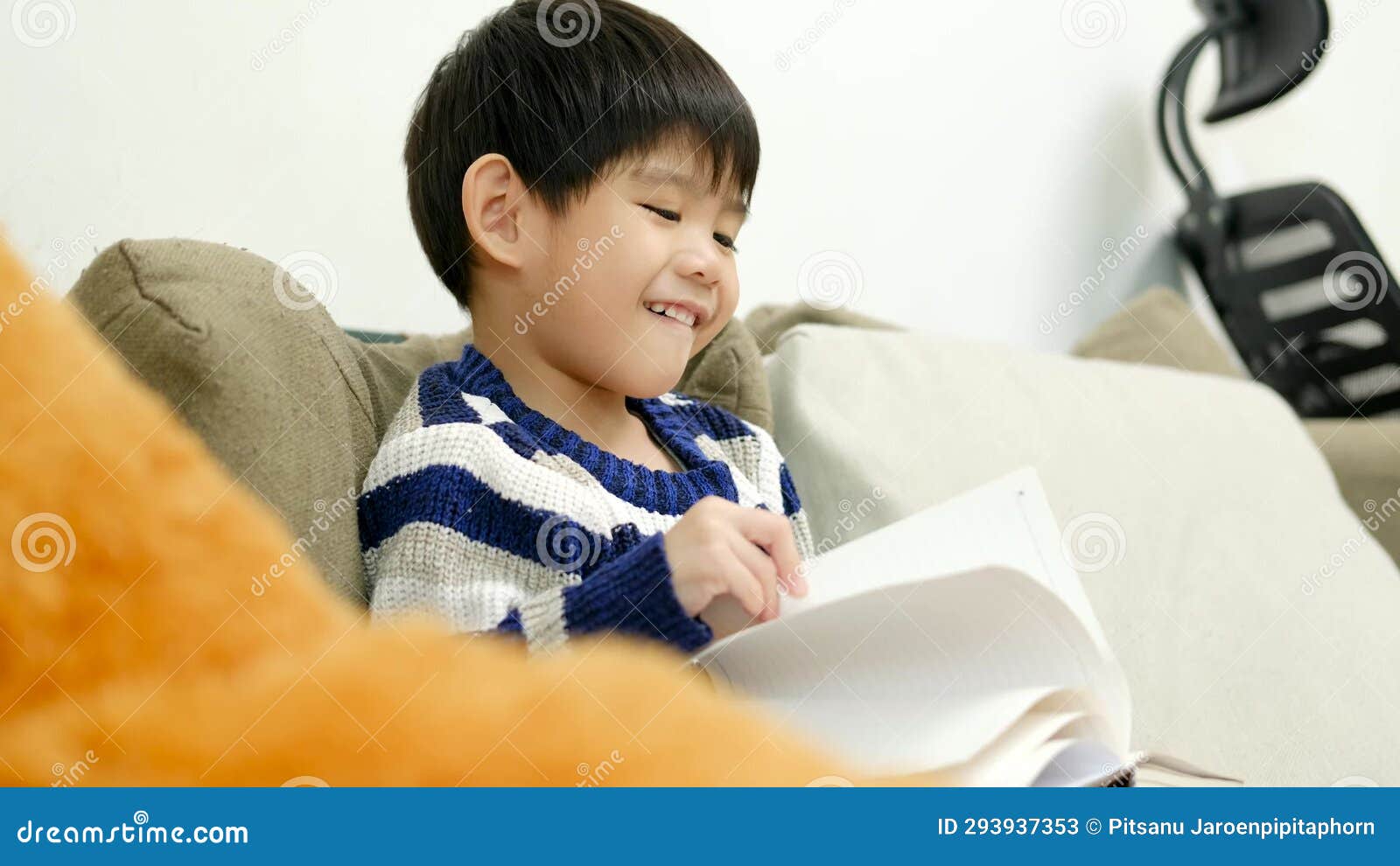 Asian Boy Reading a Book on the Sofa Learning Outside the Classroom ...