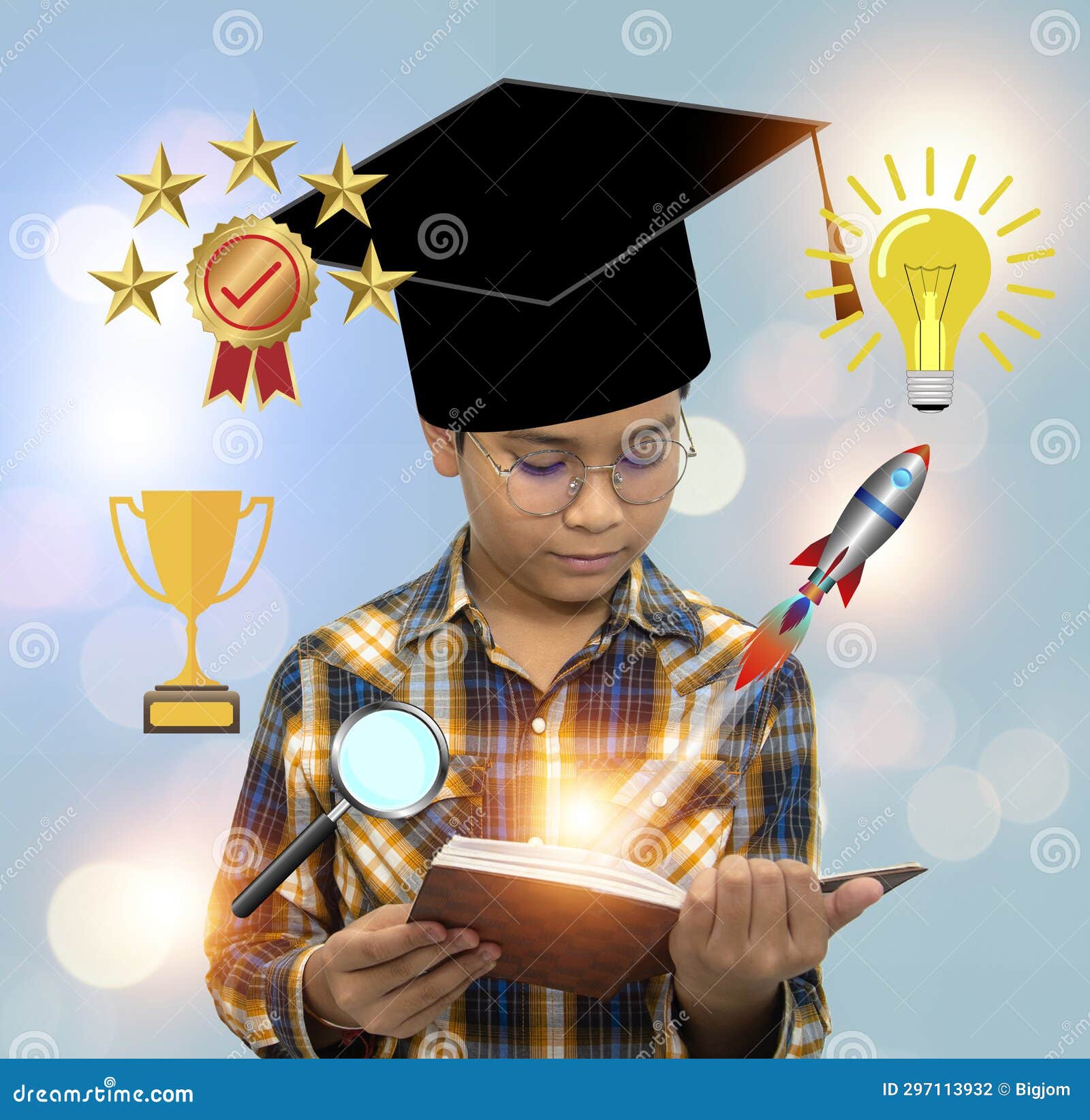 Smart Boy with Glasses and Academic Hat Reading Book Thinking ...