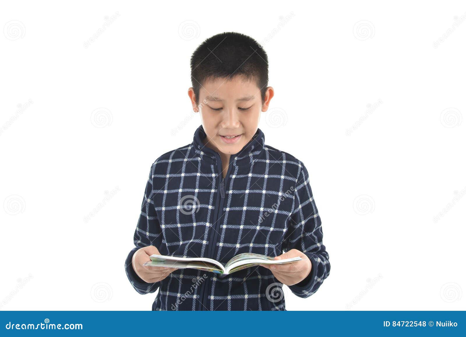 Asian Boy Reading at Book on White Background Stock Photo - Image of ...