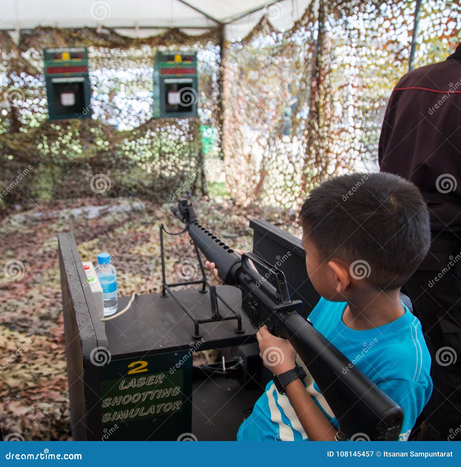 Asian Kid Shoot Simulator Machine Gun Stock Image - Image of army ...