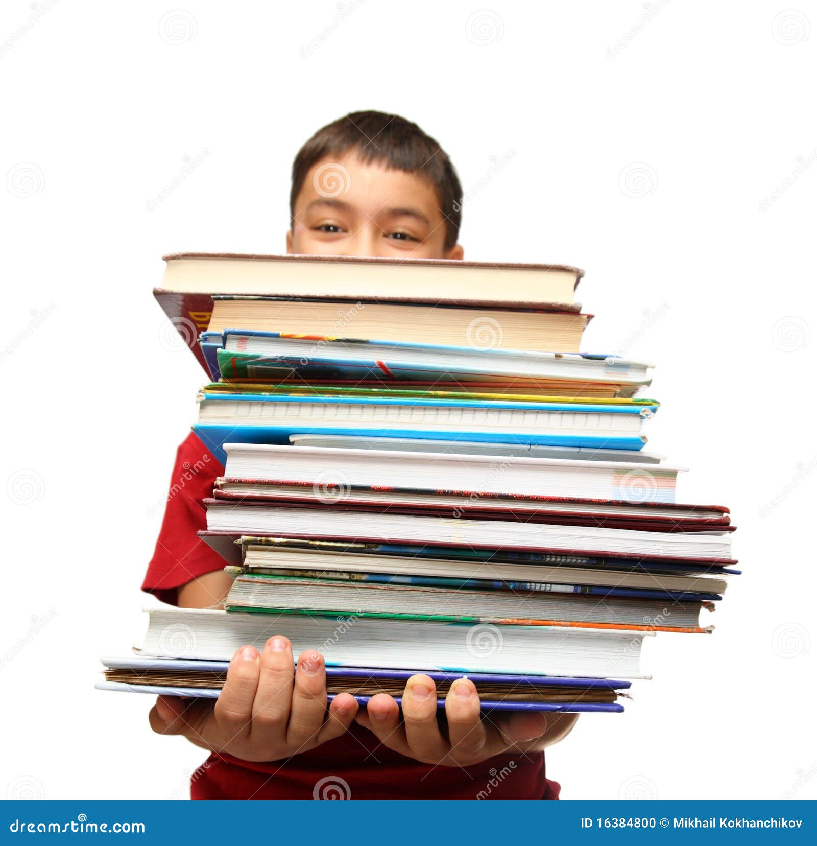 Asian Boy with Stack of Books Stock Photo - Image of looking, happiness ...