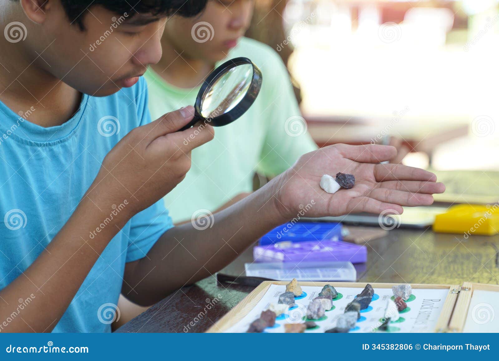 Asian Boys Study the Composition of Different Types of Rocks Stock ...
