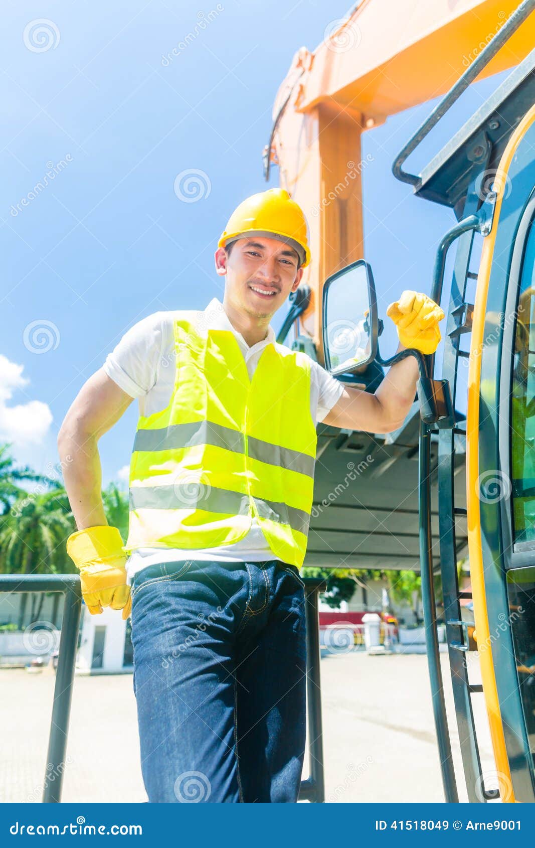 Asian Builder with Excavator on Construction Site Stock Image - Image ...
