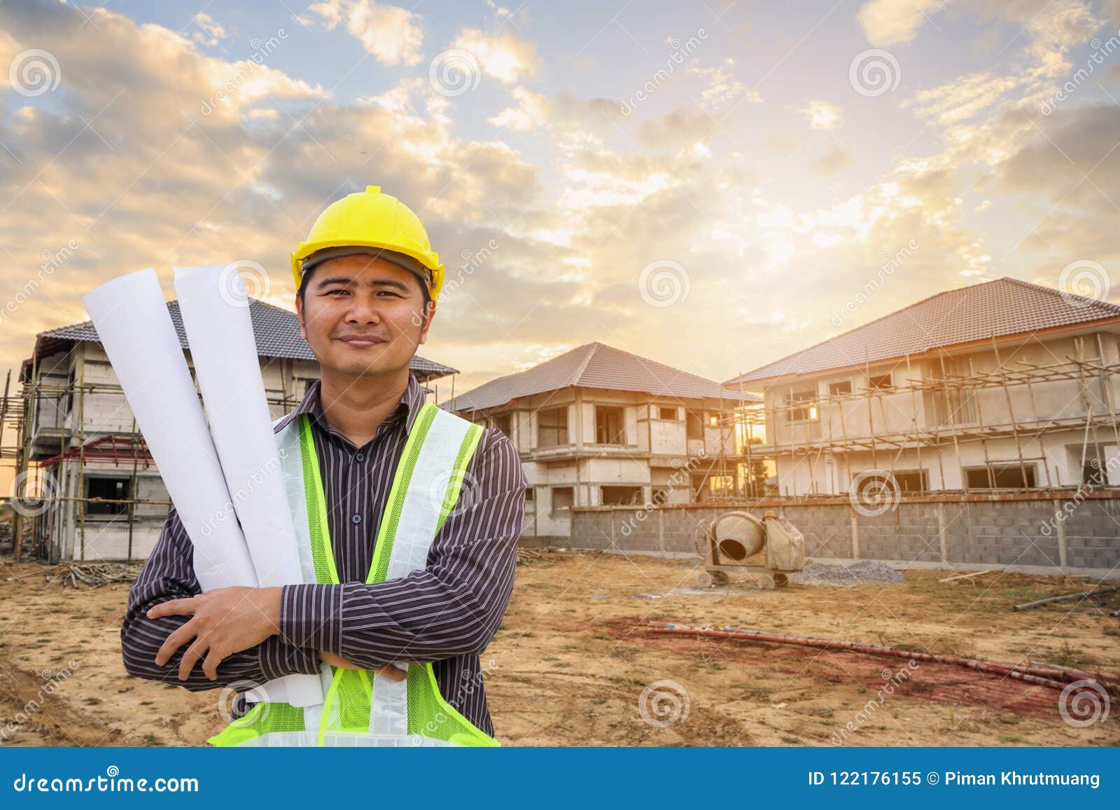 Asian Business Man Construction Engineer Workers at Building Site Stock ...