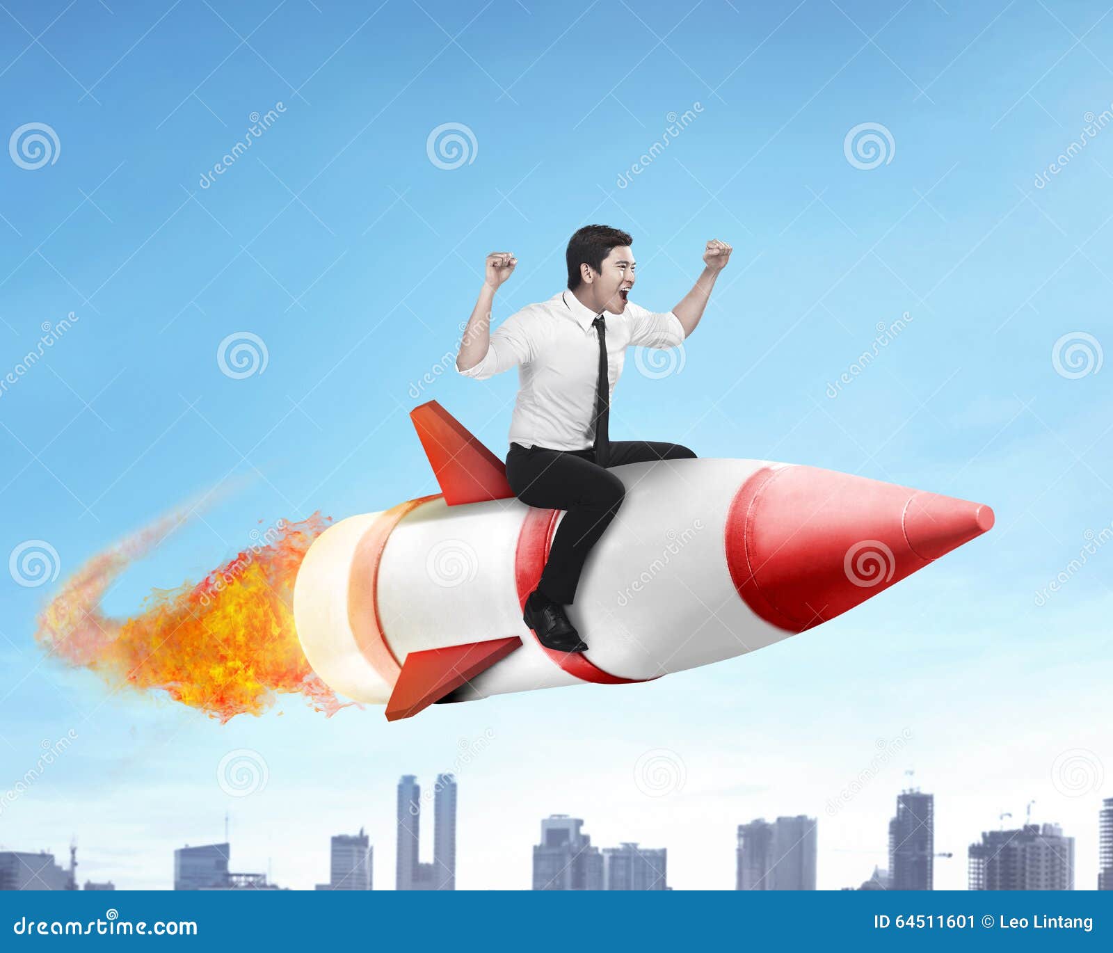Asian Business Man Flying Ride Rocket Stock Image - Image of city, ride ...