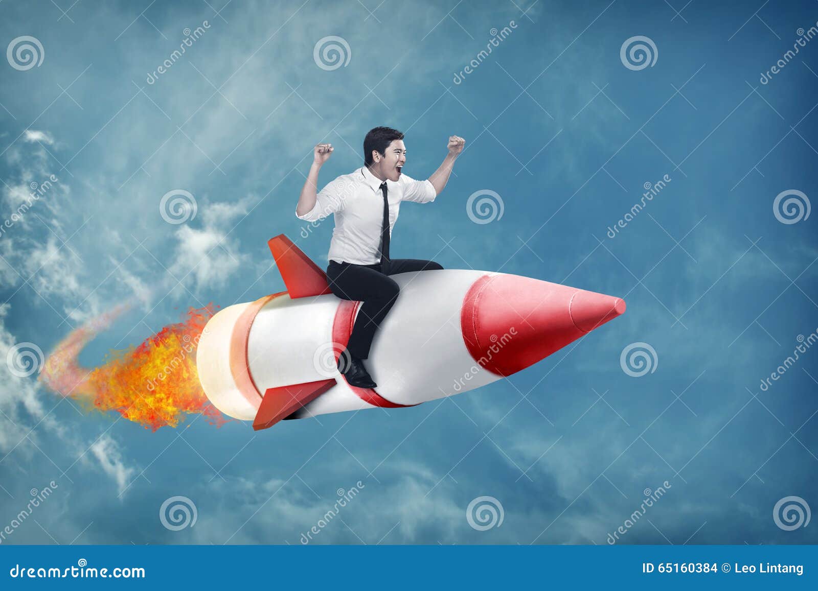 Asian Business Man Flying Ride Rocket Stock Photo - Image of person ...
