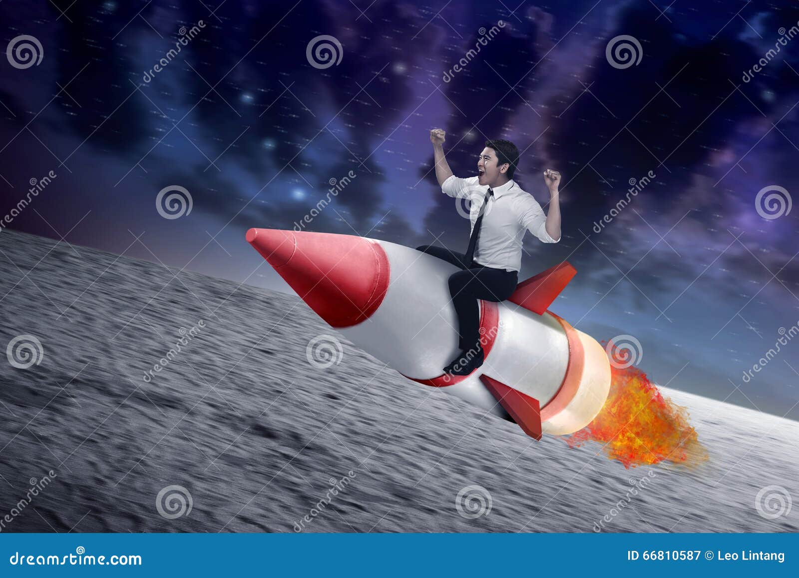 Asian Business Man Flying Ride Rocket Stock Image - Image of burn ...