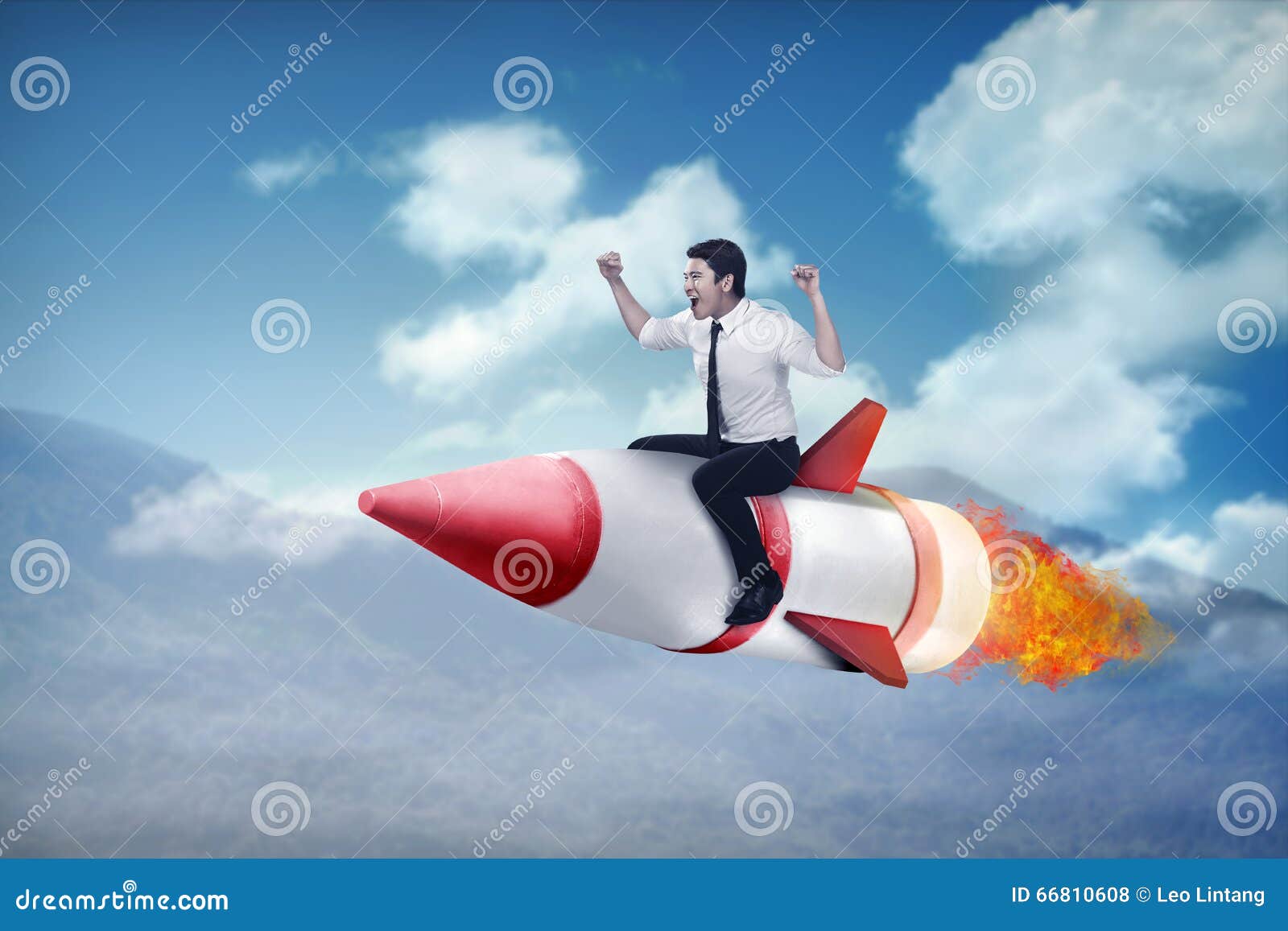 Asian Business Man Flying Ride Rocket Stock Photo - Image of high ...