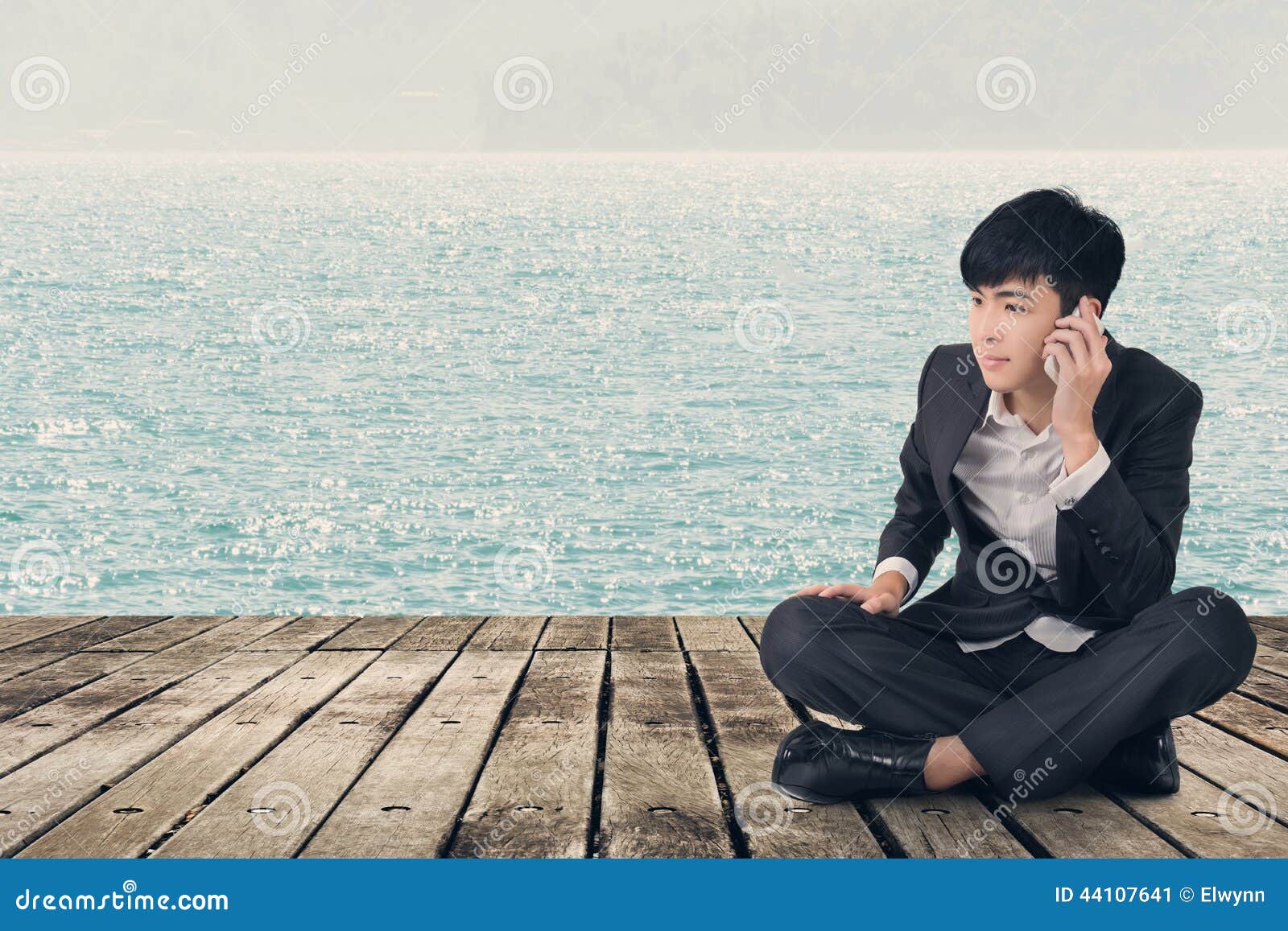 Asian Business Man Take a Call and Sit on Ground Stock Image - Image of ...