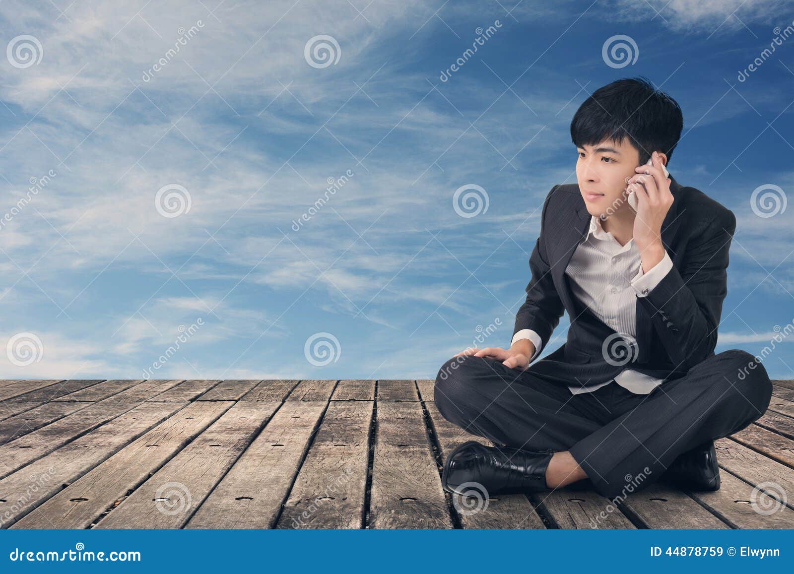 Asian Business Man Take a Call and Sit on Ground Stock Image - Image of ...
