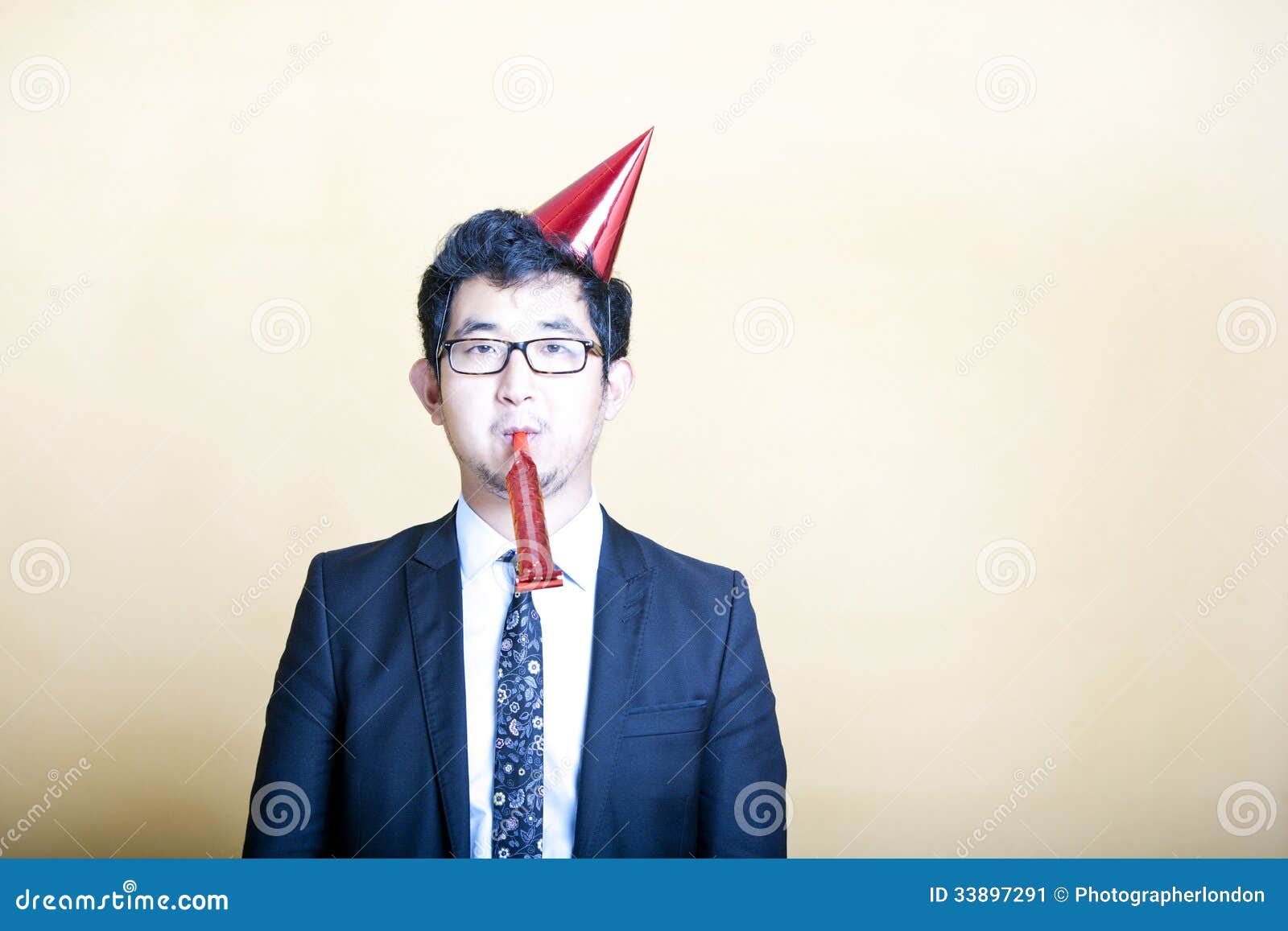Asian Business Man Wearing Party Hat Stock Image - Image of background ...