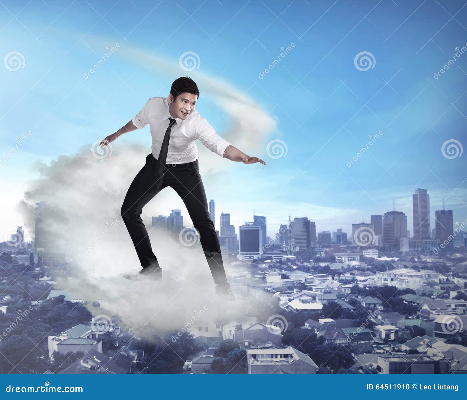 Asian Business Person Flying with the Cloud Stock Photo - Image of hero ...