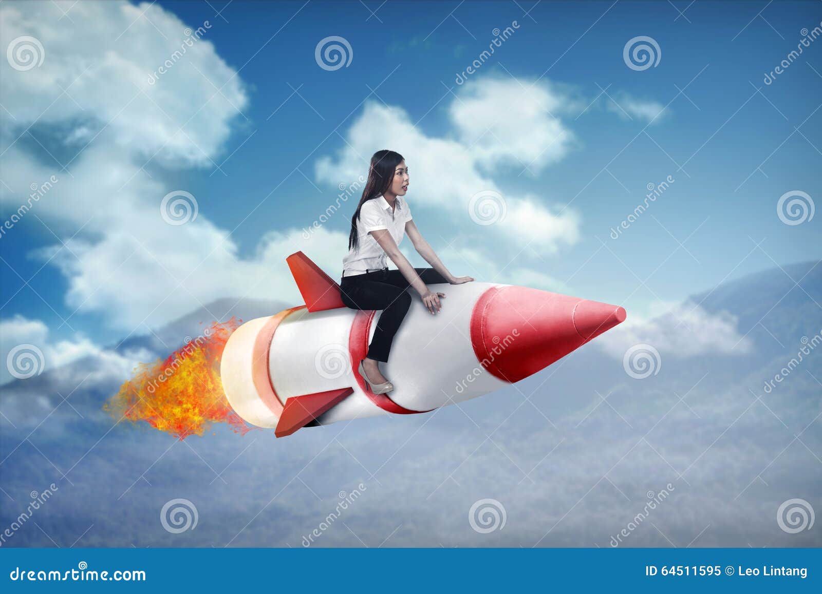 Asian Business Woman Flying Ride Rocket Stock Image - Image of female ...