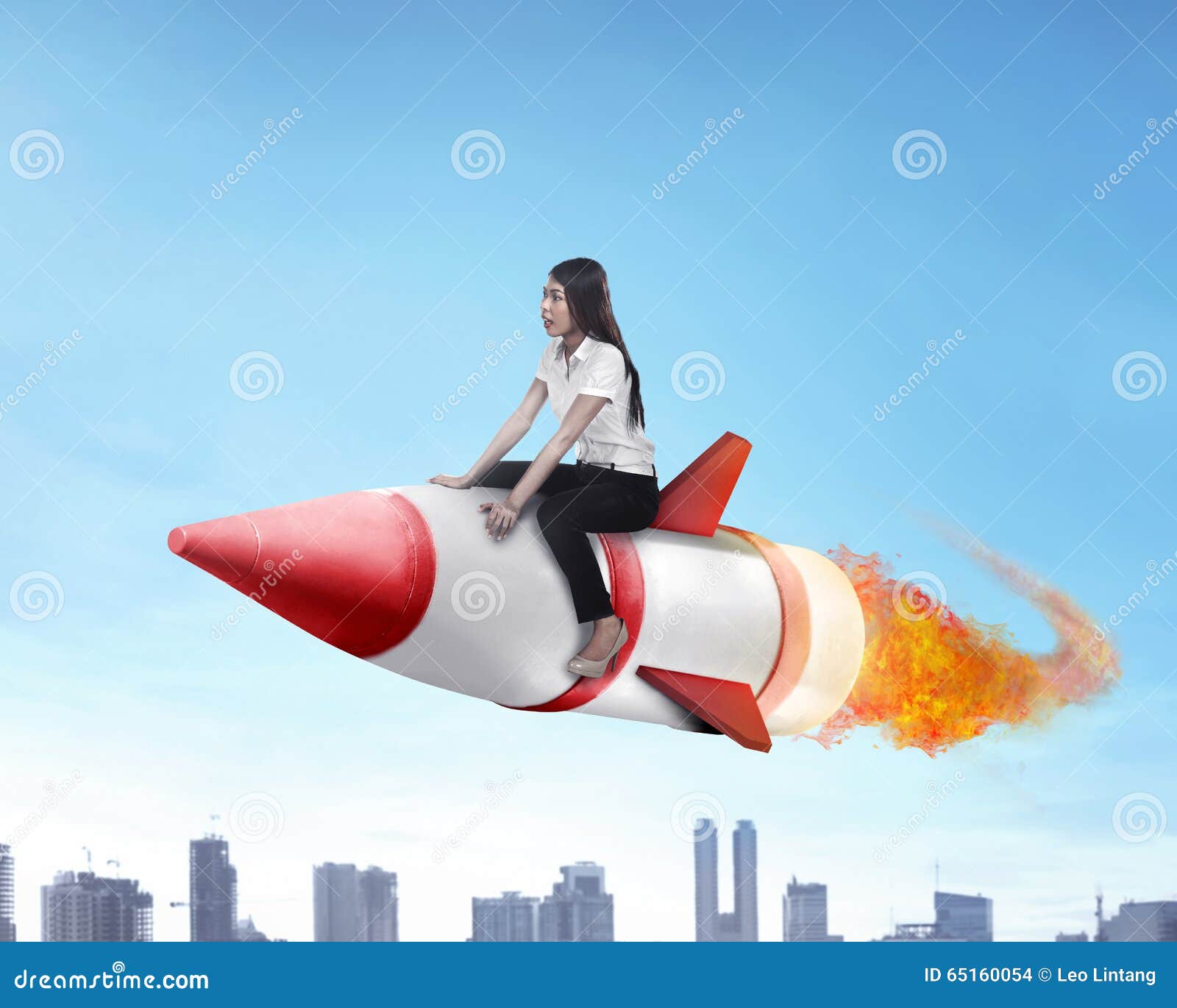 Asian Business Woman Flying Ride Rocket Stock Photo - Image of people ...