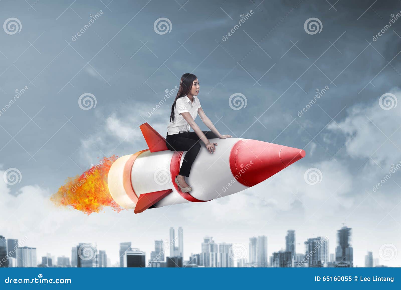 Asian Business Woman Flying Ride Rocket Stock Image - Image of space ...