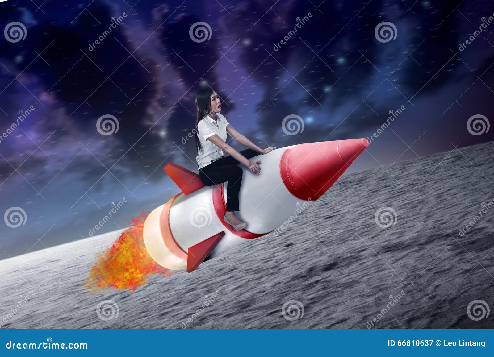 Asian Business Woman Flying Ride Rocket Stock Image - Image of female ...