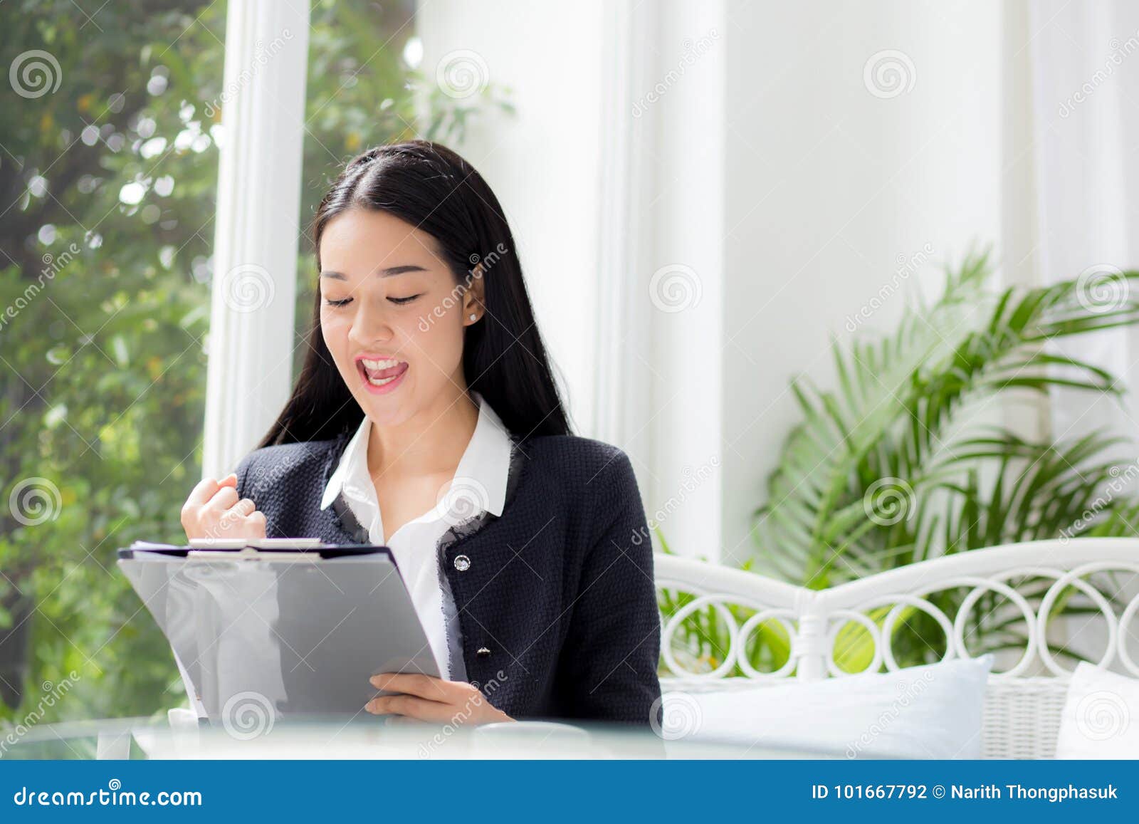 Asian Business Woman Holding Clipboard Folder and Gesture Glad. Stock ... Asian Business Woman Holding Clipboard Folder and Gesture Glad. Stock ...