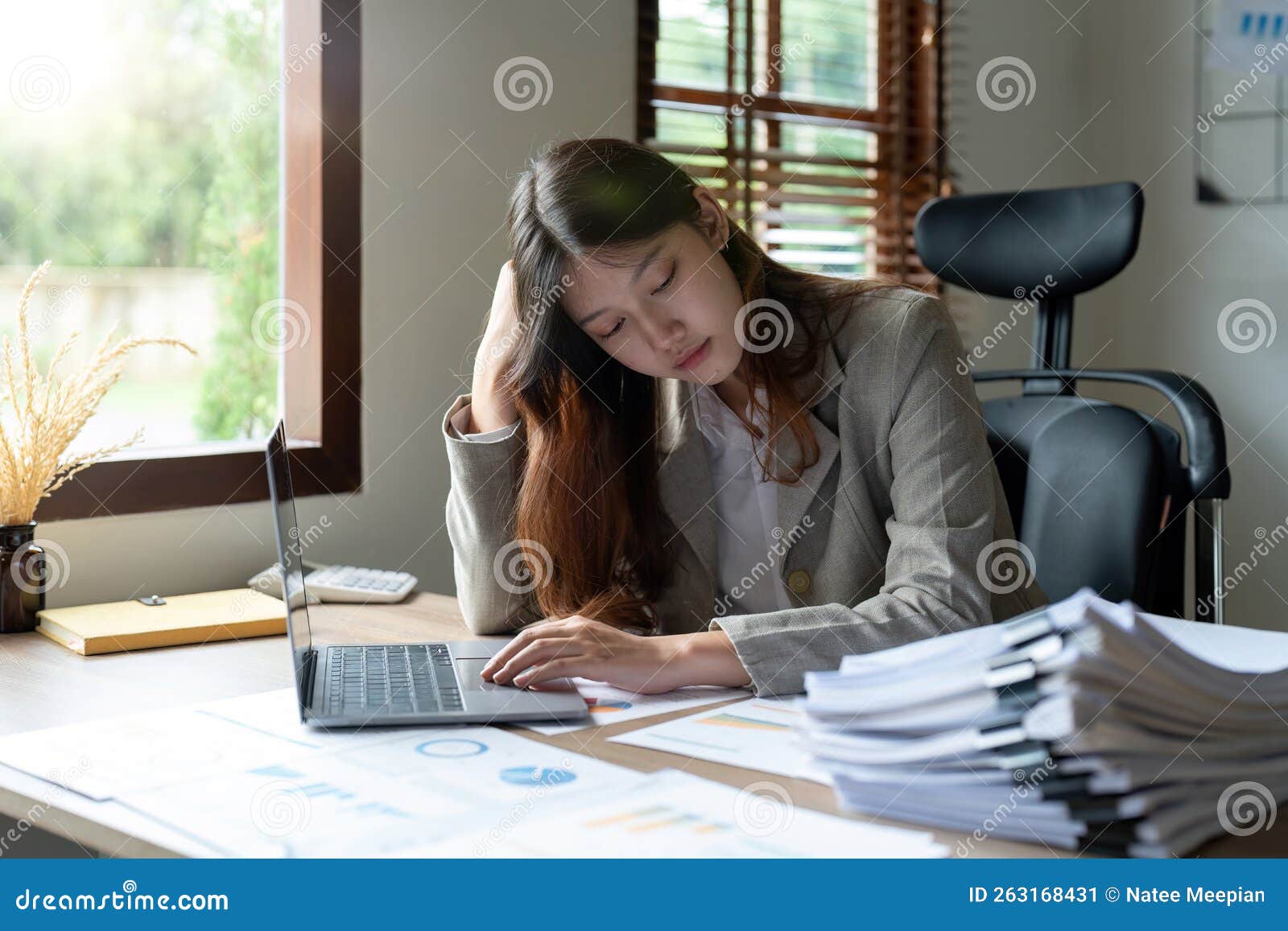 Asian Business Woman Stressed Office Worker Overloaded with Paperwork ... Asian Business Woman Stressed Office Worker Overloaded with Paperwork ...
