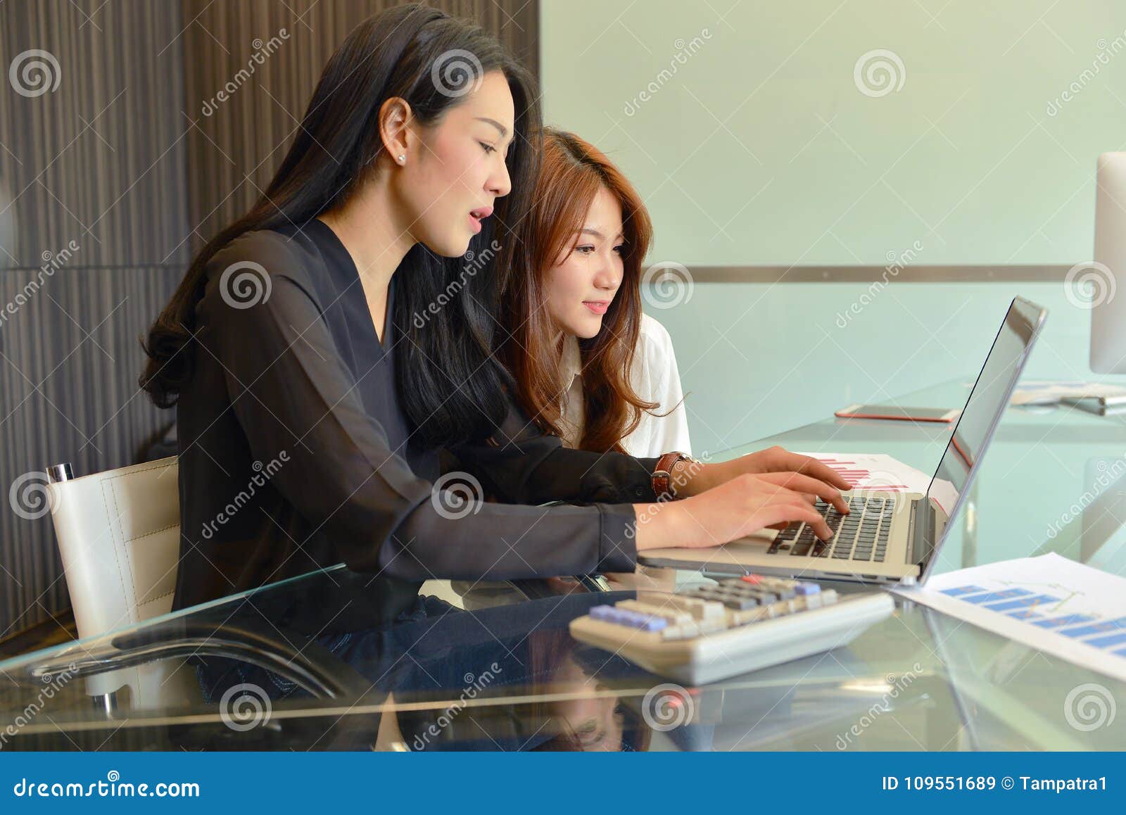Asian Business Women Using Computer in Office Stock Image - Image of ...