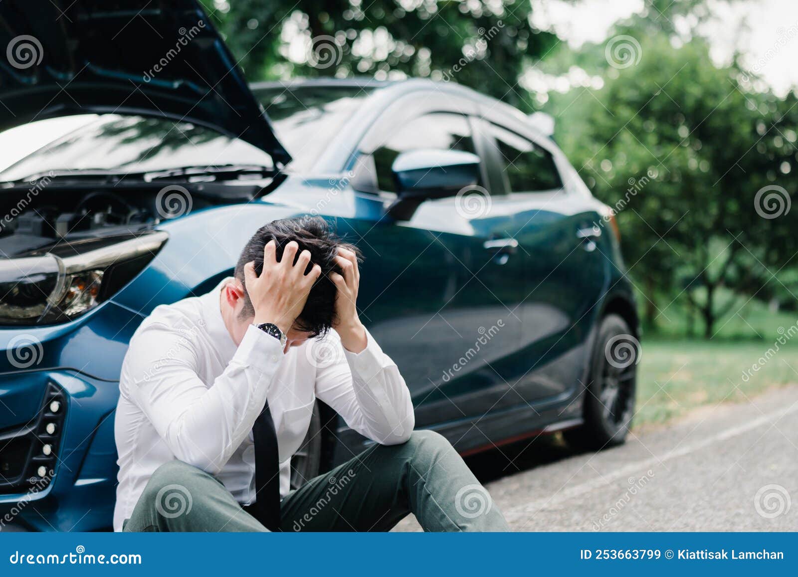 Asian Businessman Broken Car Engine Breakdown His Stressed Emotion ...
