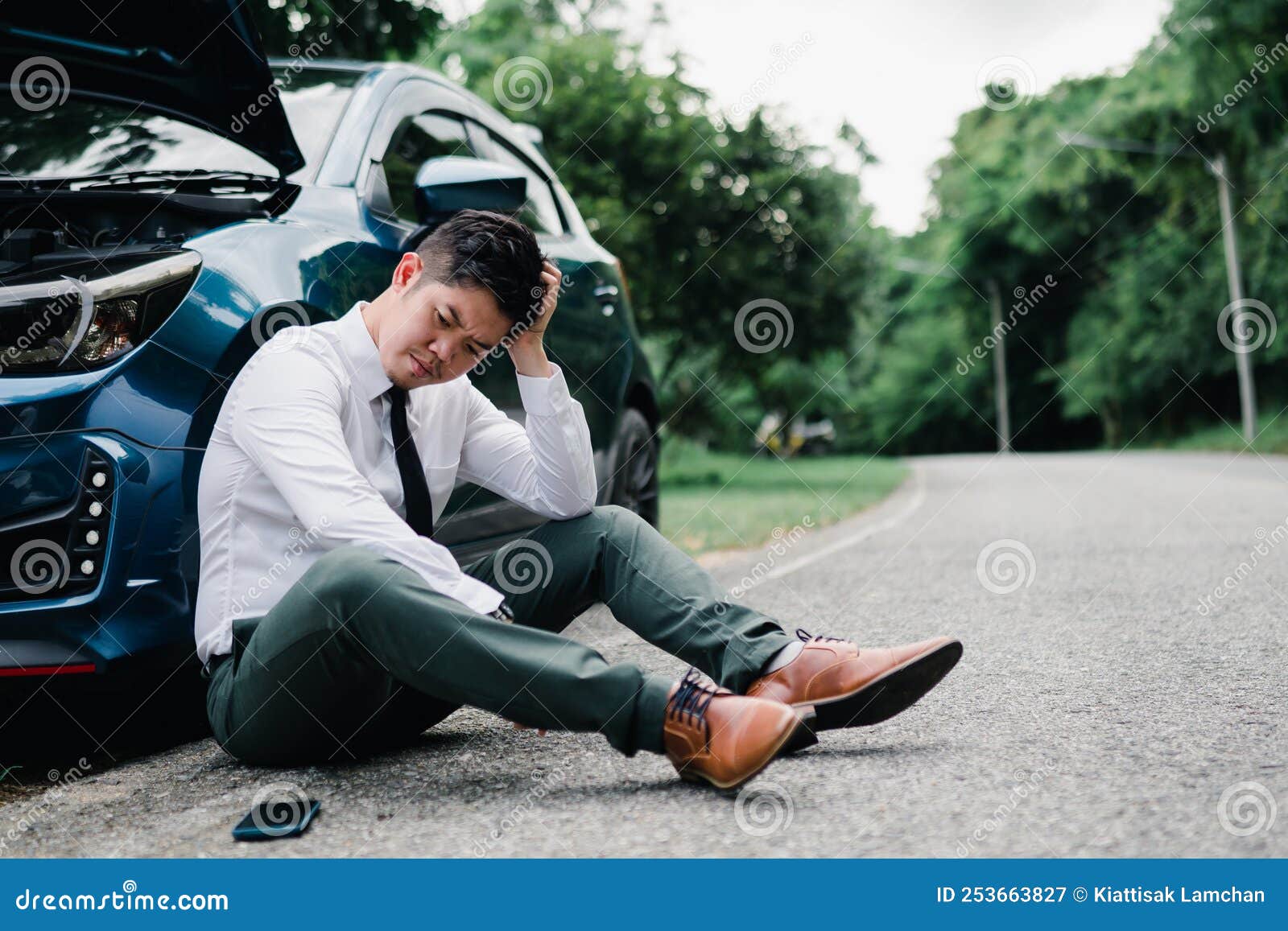 Asian Businessman Broken Car Engine Breakdown His Stressed Emotion ...