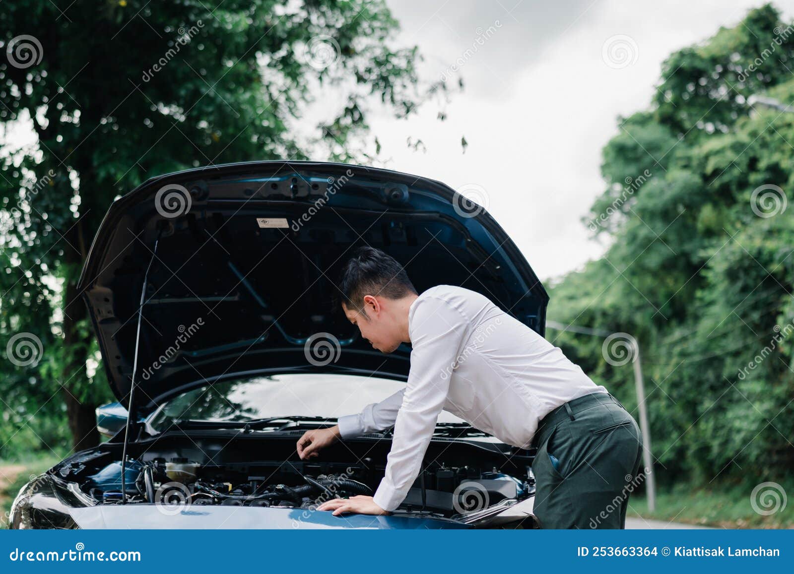 Asian Businessman Broken Car Engine Breakdown Stock Photo - Image of ...