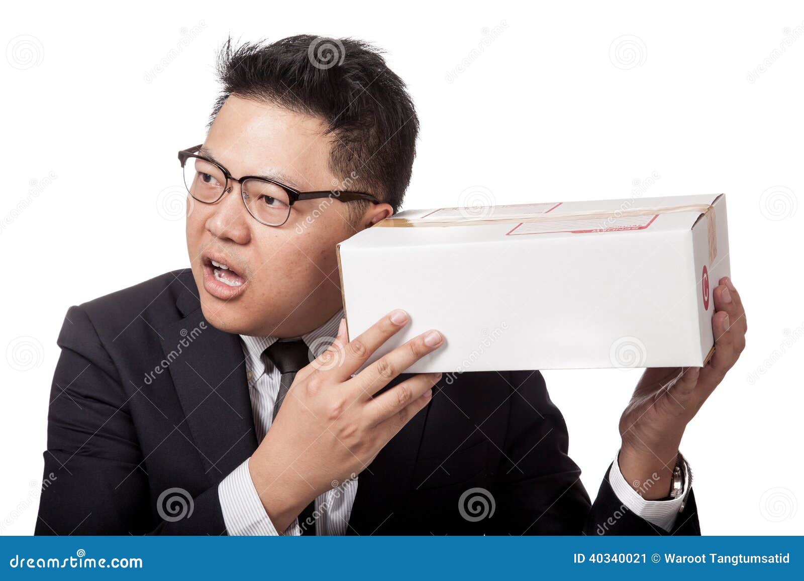 Asian Businessman is Curious What Inside a Box Stock Image - Image of ...
