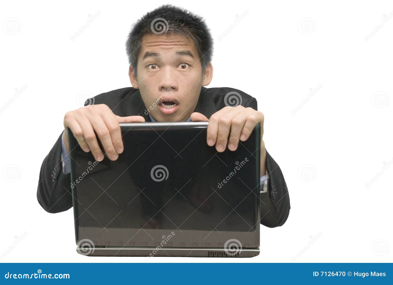 Asian Businessman Hiding Behind Laptop Stock Photo - Image of exotic ...