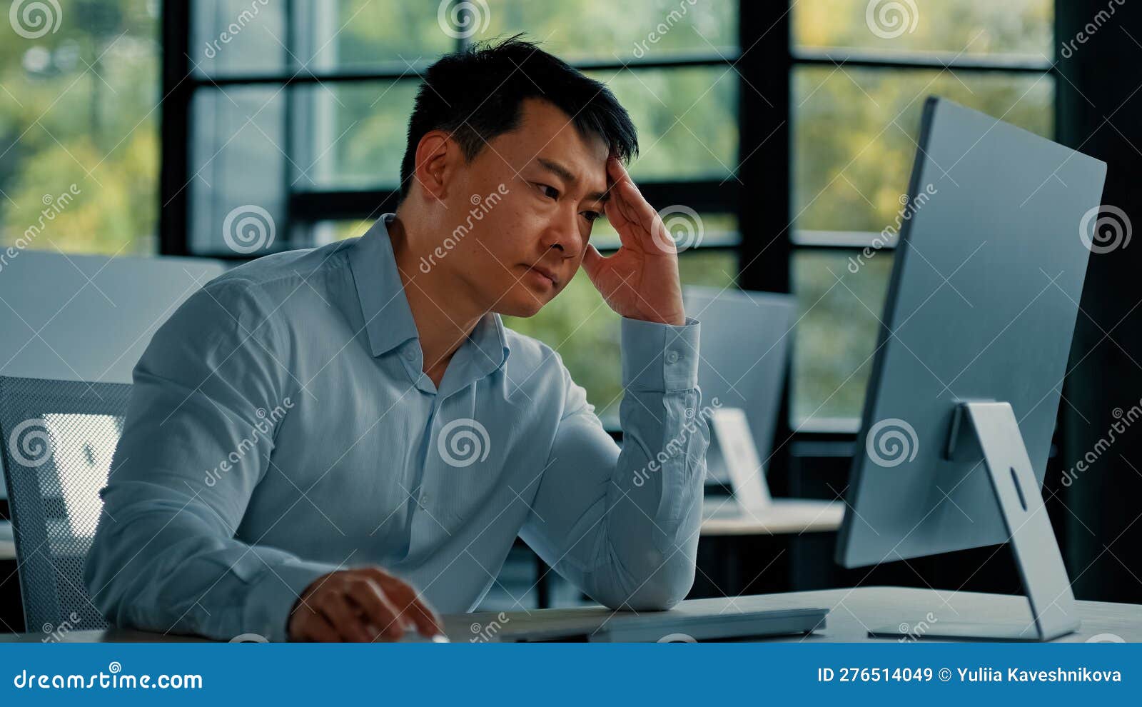 Asian Businessman Korean Man Work Online at Workplace Difficult Hard ...