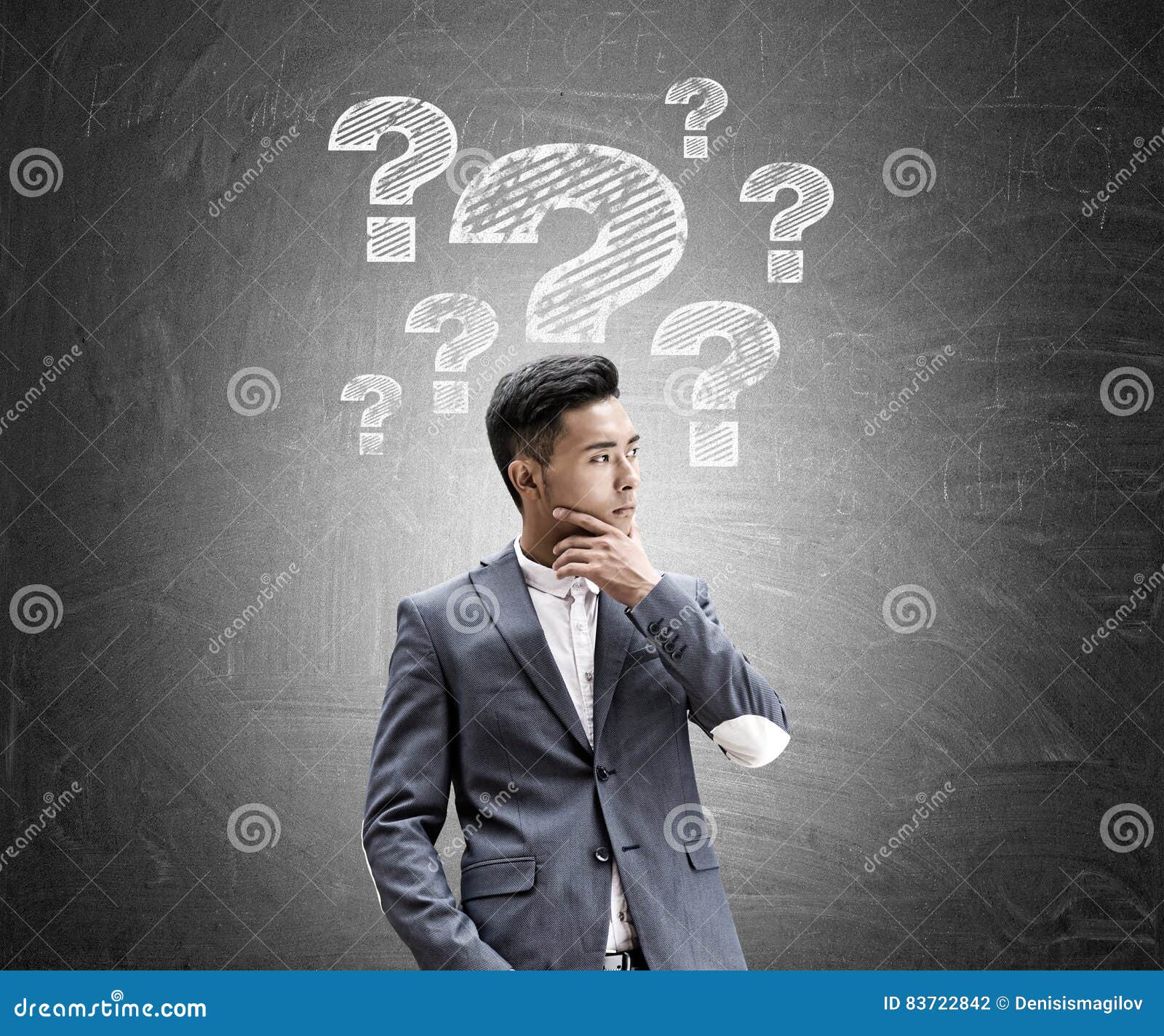 Asian Businessman, Question Marks, Chalkboard Stock Photo - Image of ...