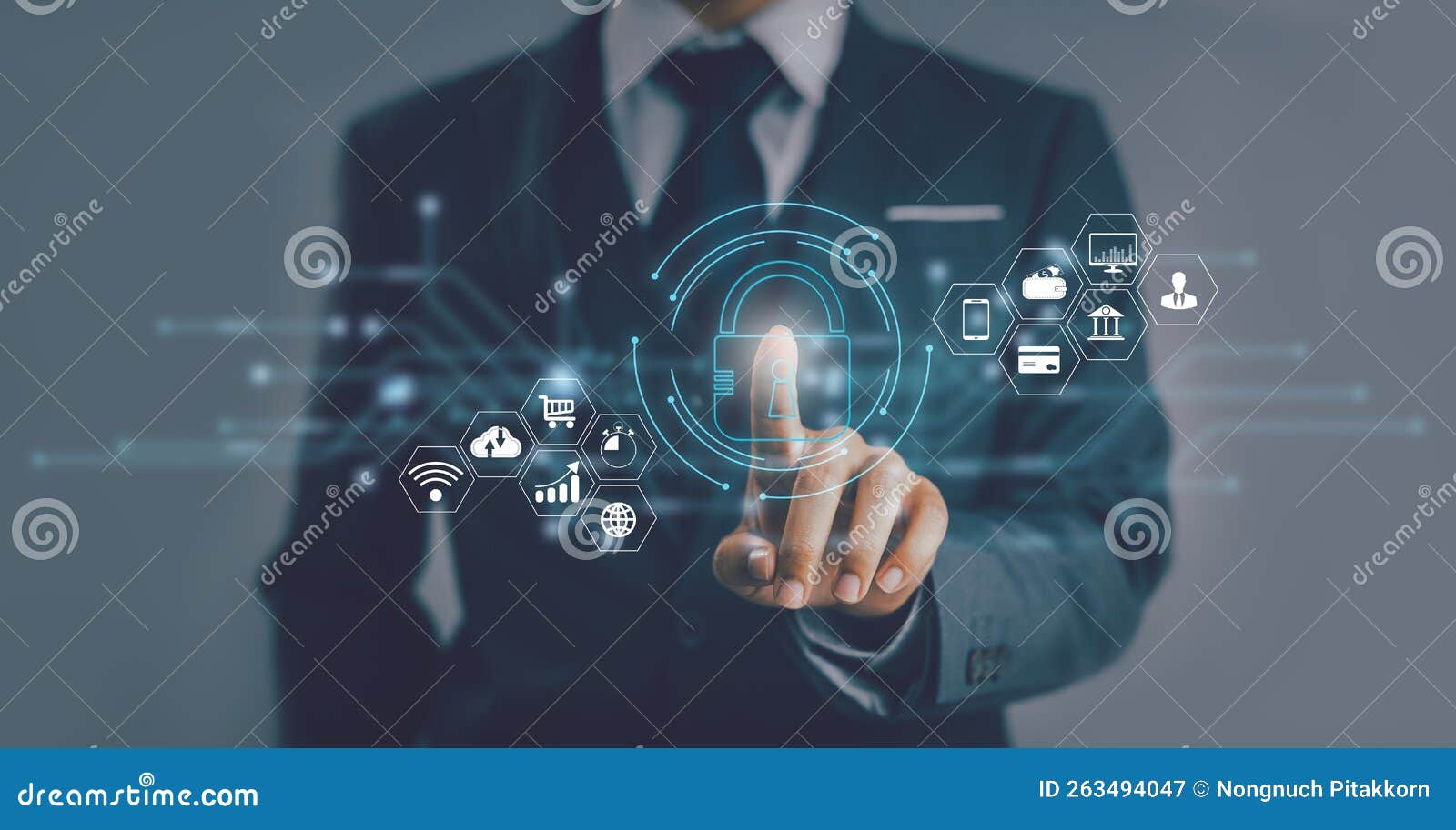 Asian Businessman Touching Hologram Button Icon Locked Data Blurred ...