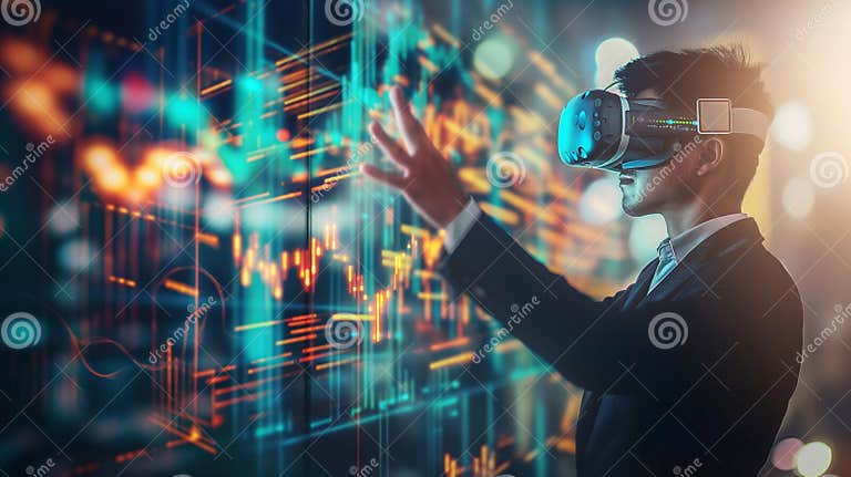 Asian Businessman Utilizing VR Headset for Data Analysis, Planing with ...
