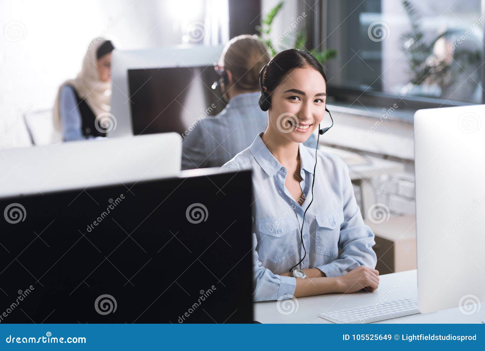 Asian Call Center Operator in Headset Stock Image - Image of electronic ...