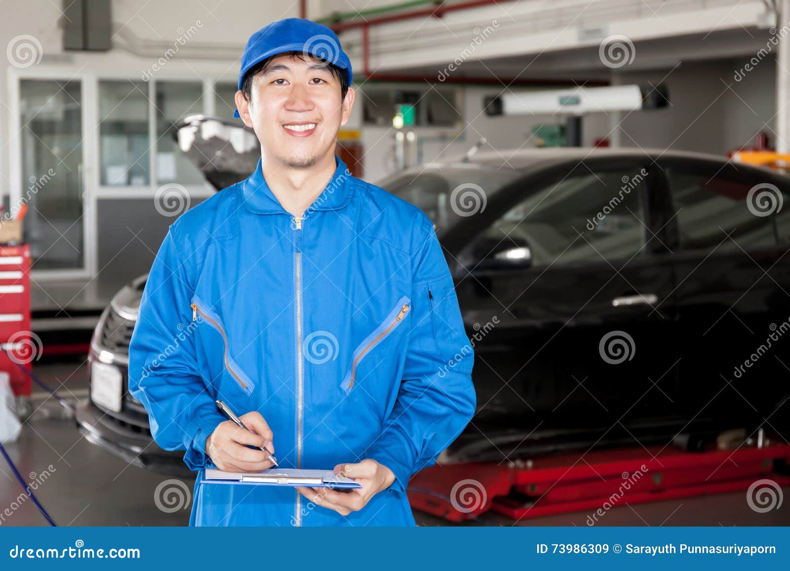 Asian Car Technician Smiling in Garage Service Stock Image - Image of ...