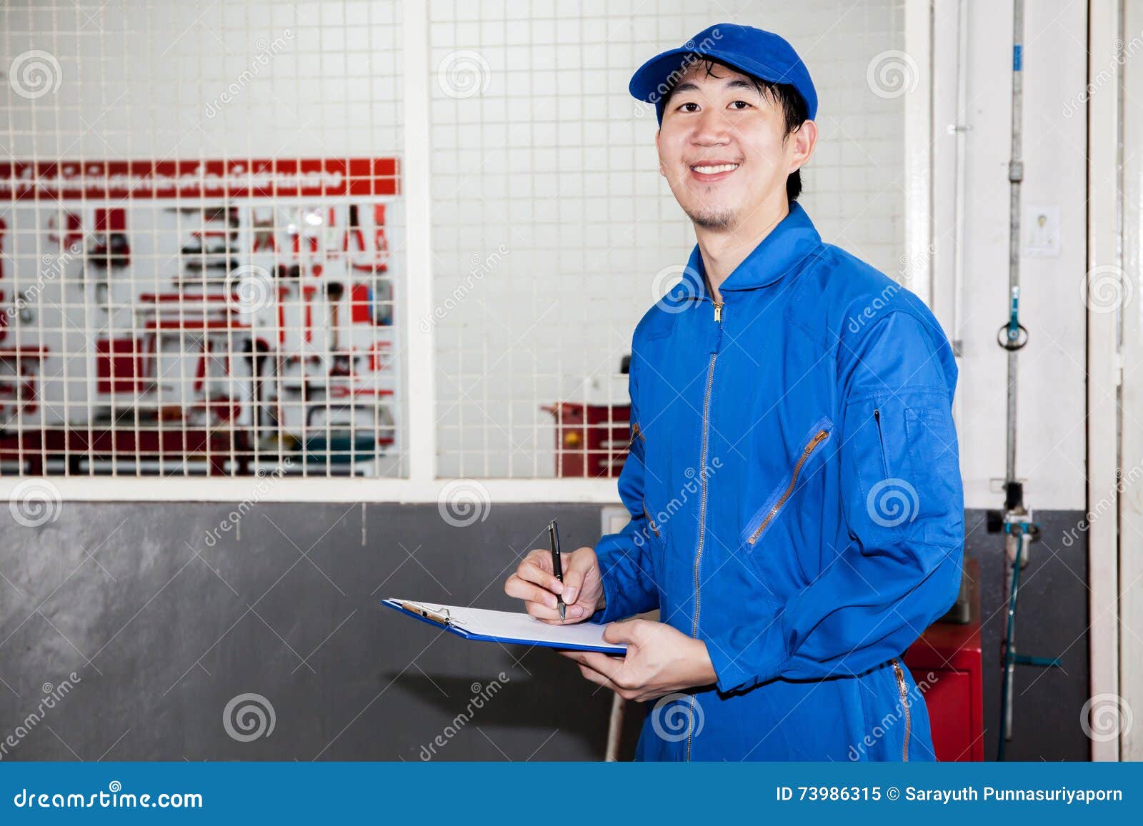 Asian Car Technician Smiling in Garage Service Stock Image - Image of ...