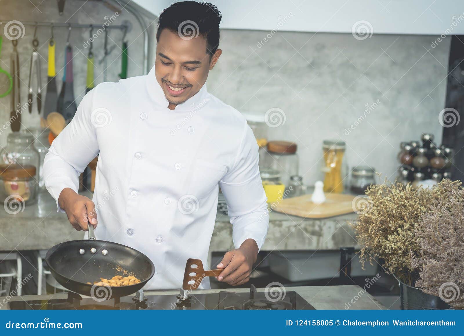Asian Chefs, Cooking with a Friendly Smiley Face Stock Image - Image of ...