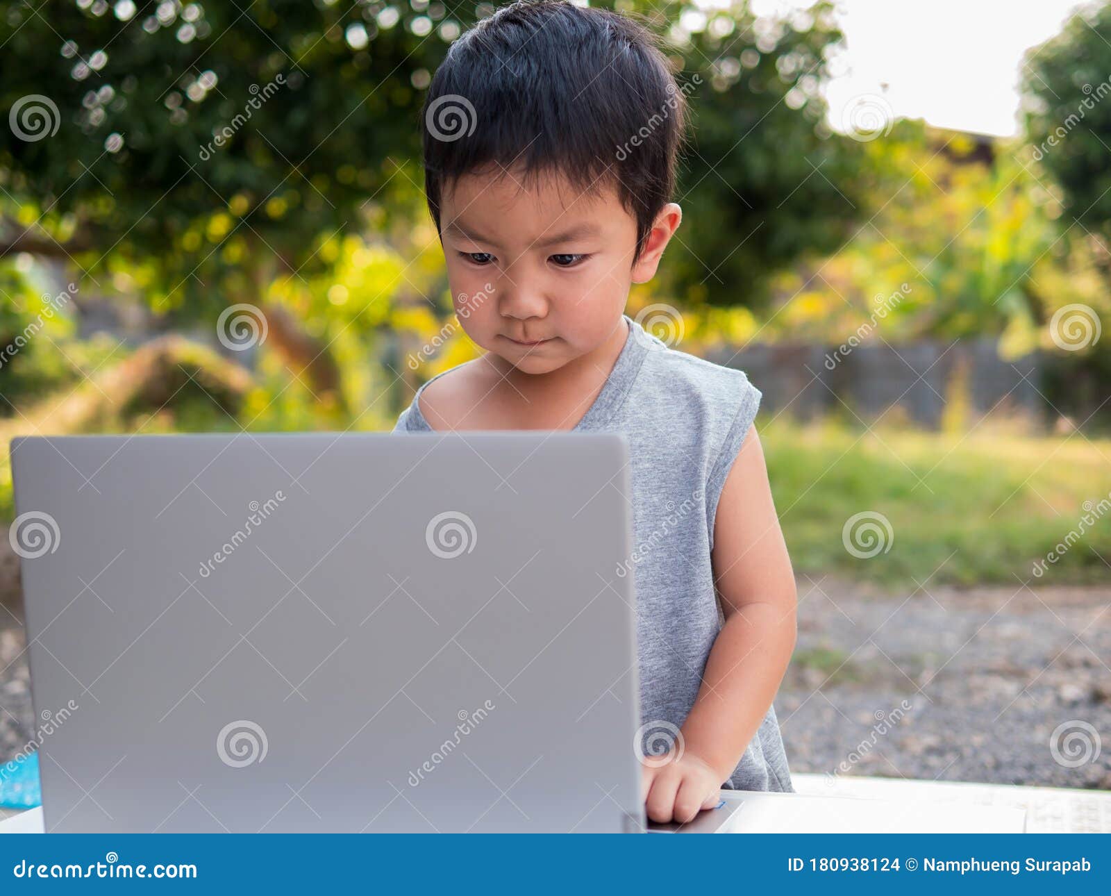 Asian Child Boy Using Notebook or Laptop in Rural Nature Background ...