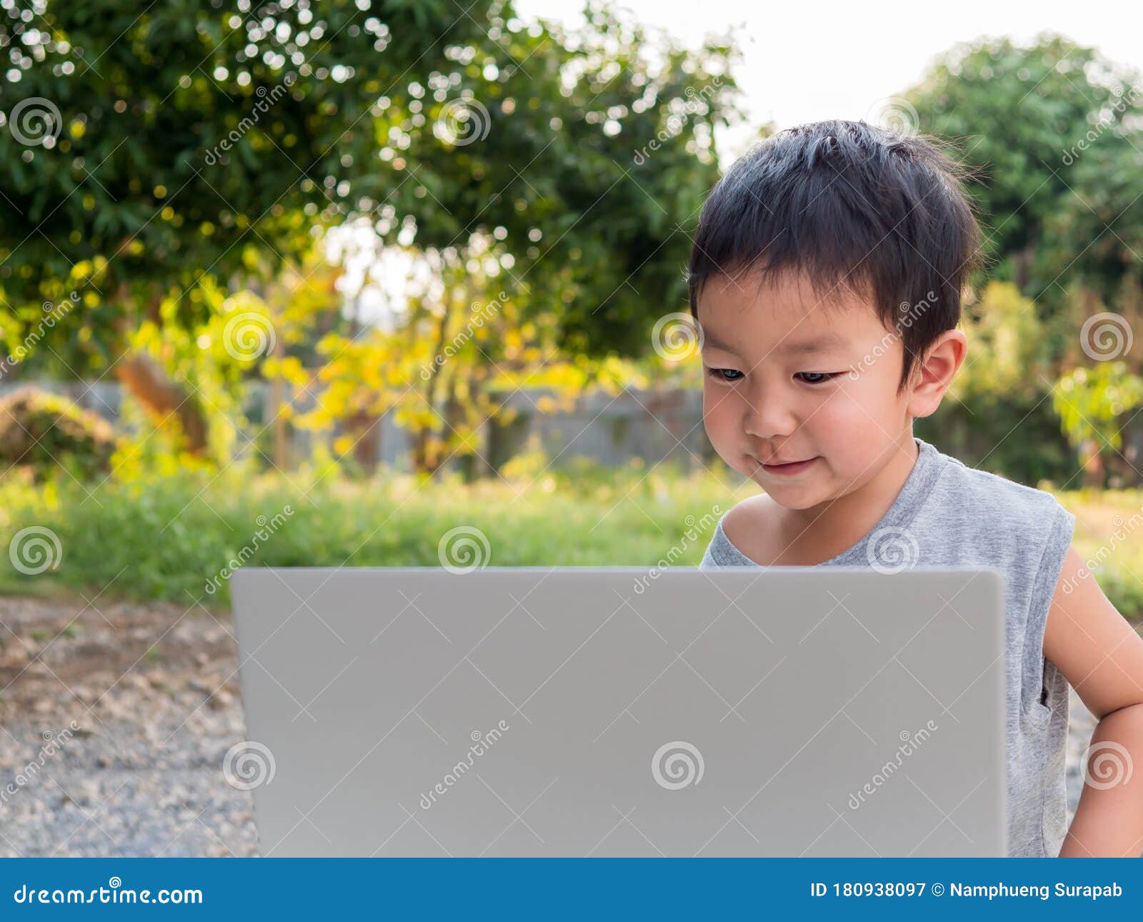 Asian Child Boy Using Notebook or Laptop in Rural Nature Background ...