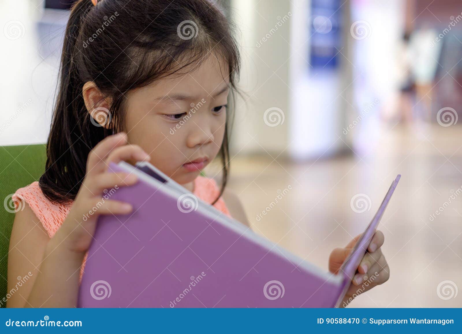 Asian Child Reading Book in Library Stock Photo - Image of literature ...