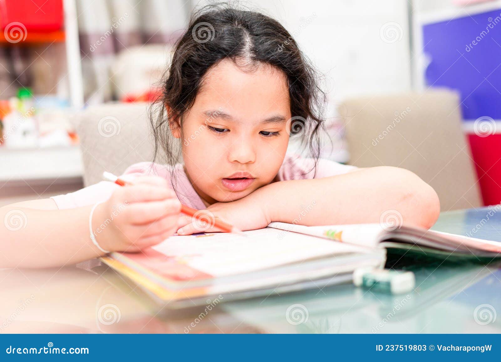 Asian Child Sit and Writing Book on Table in Room House Stock Image ...