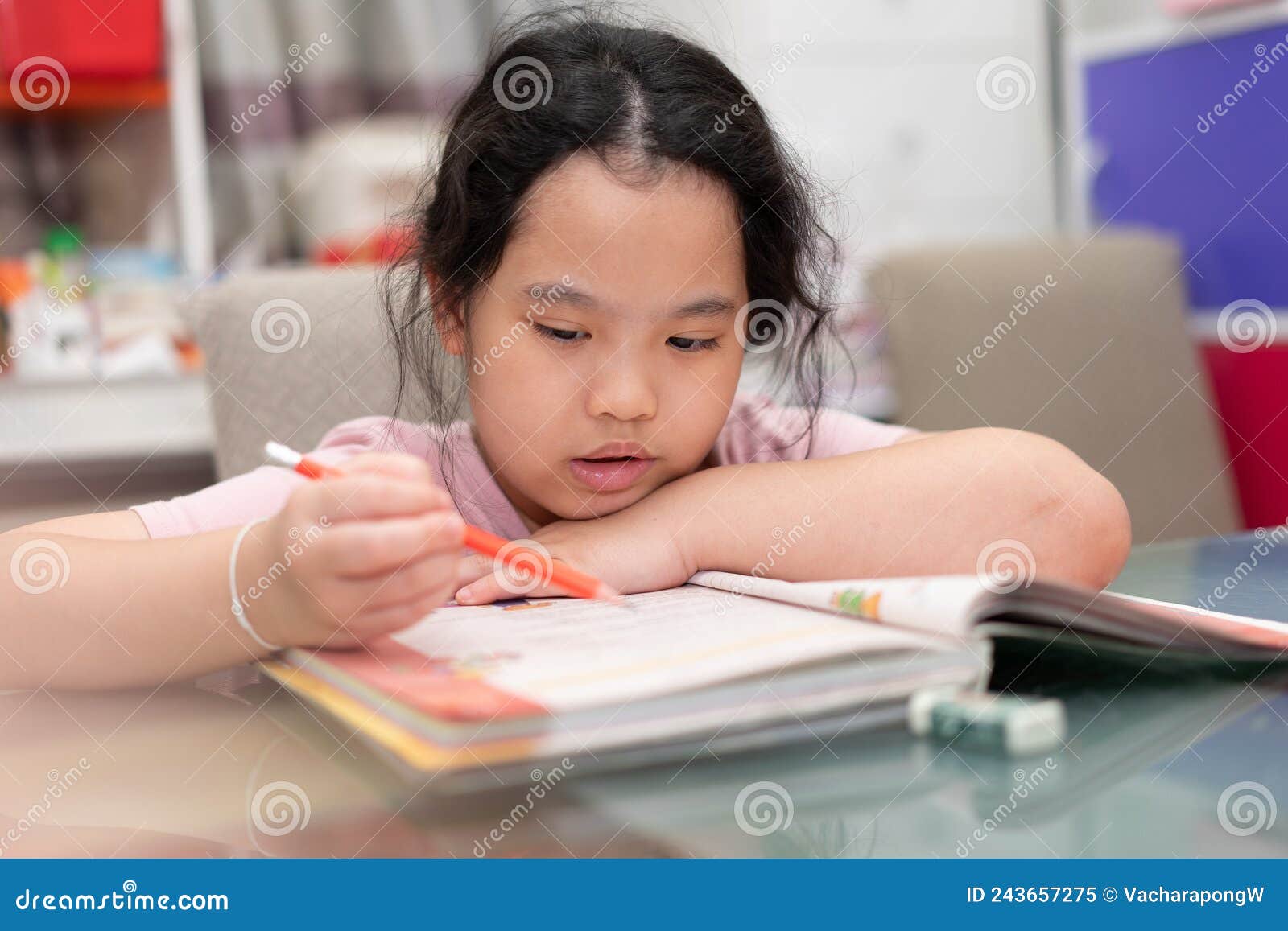 Asian Child Sit and Writing Book on Table in Room House Stock Image ...