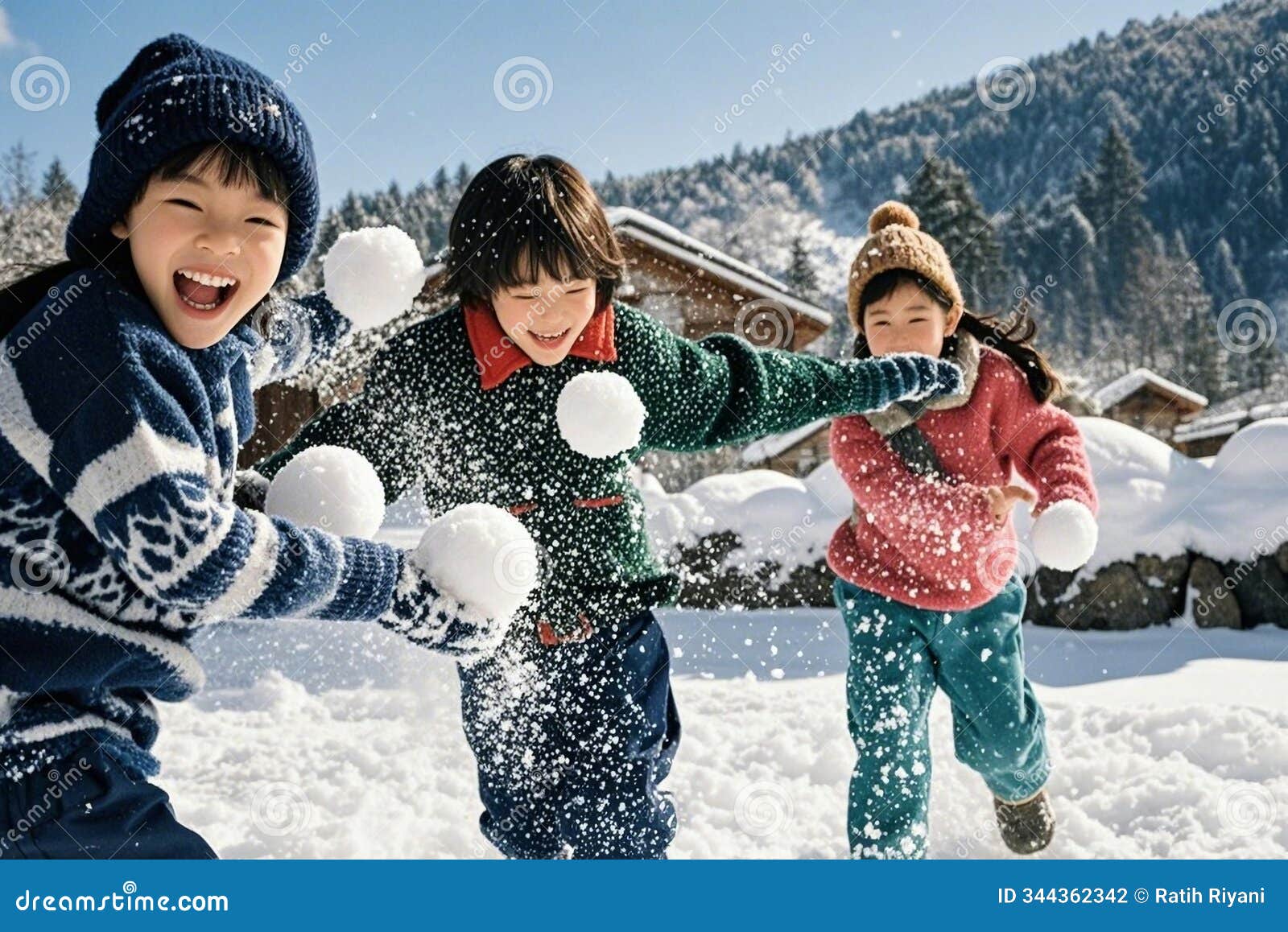 Asian Children Playing Snowballs in Winter Stock Photo - Image of ...