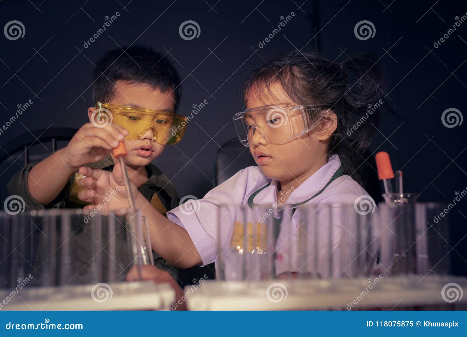 Asian Children in Science Examination Laboratory Stock Image - Image of ...