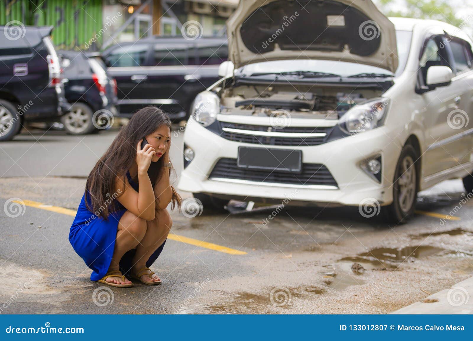 Asian Chinese Woman in Stress Stranded on Street Suffering Car Engine ... Asian Chinese Woman in Stress Stranded on Street Suffering Car Engine ...