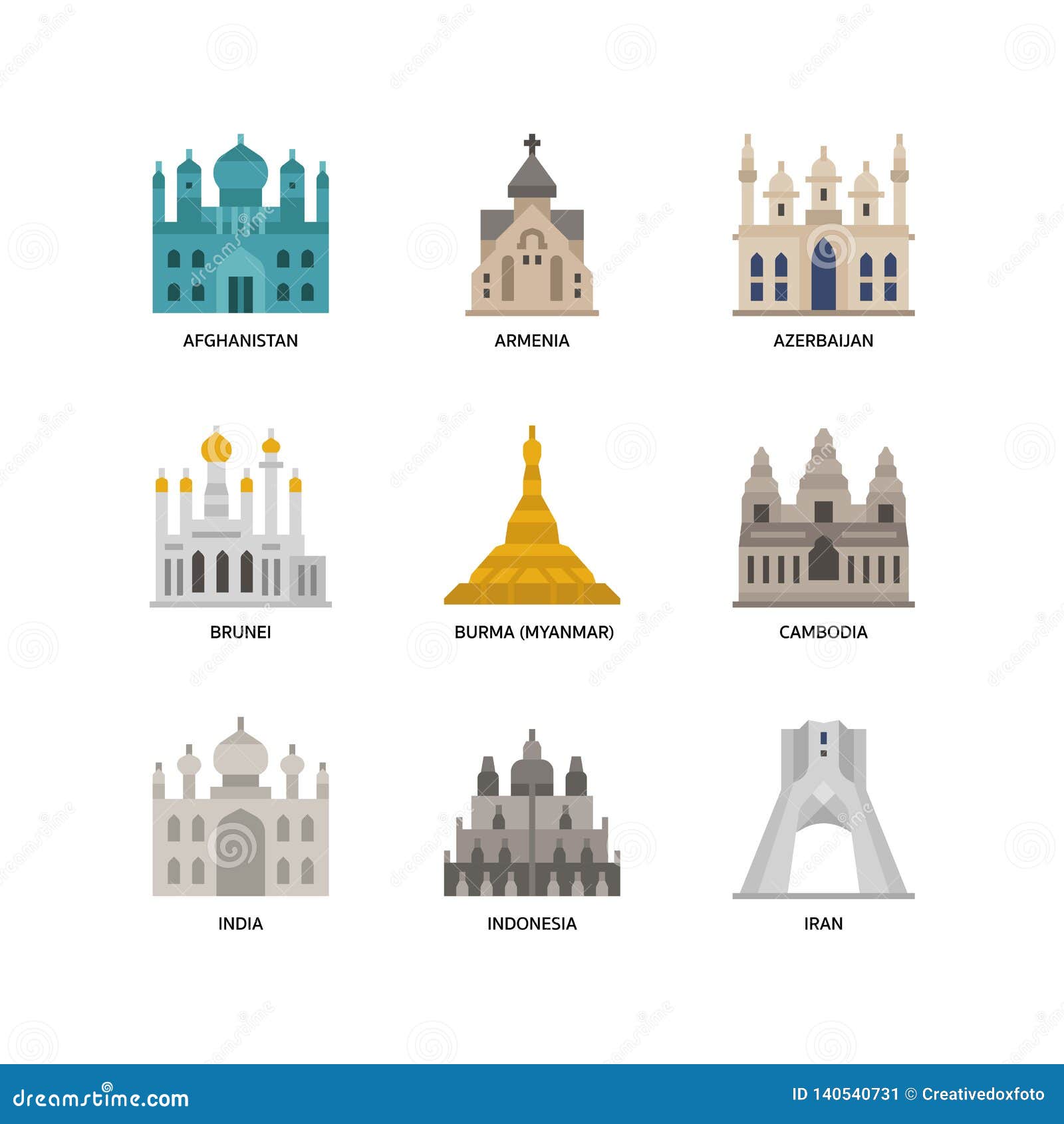 Asian Cities Landmarks Icons Cartoon Vector | CartoonDealer.com #126674841